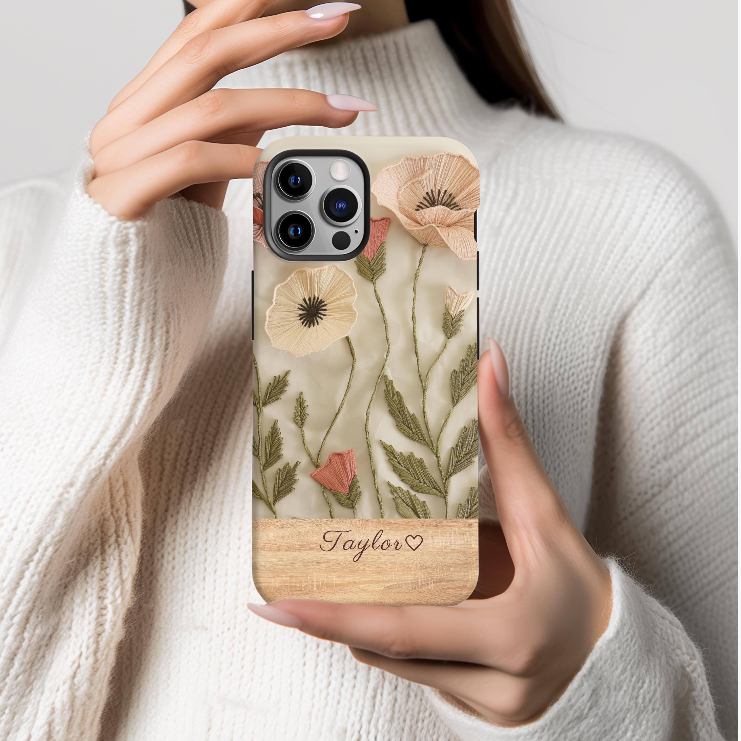 Whimsical Faux Embroidery Phone Case Personalized Vintage Look Floral ...