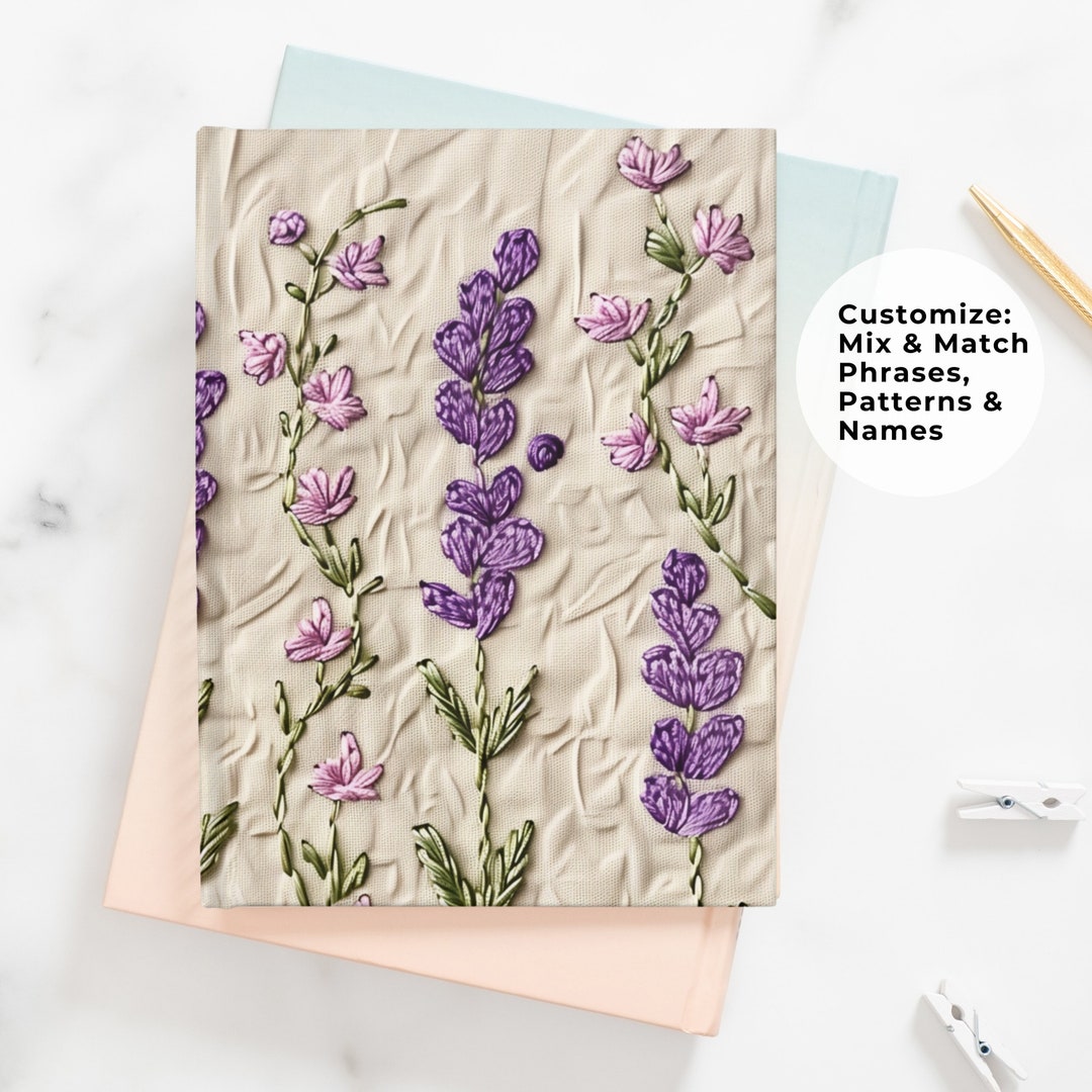 Lavender Flower Embroidery PRINT Hardcover Notebook Personalized ...
