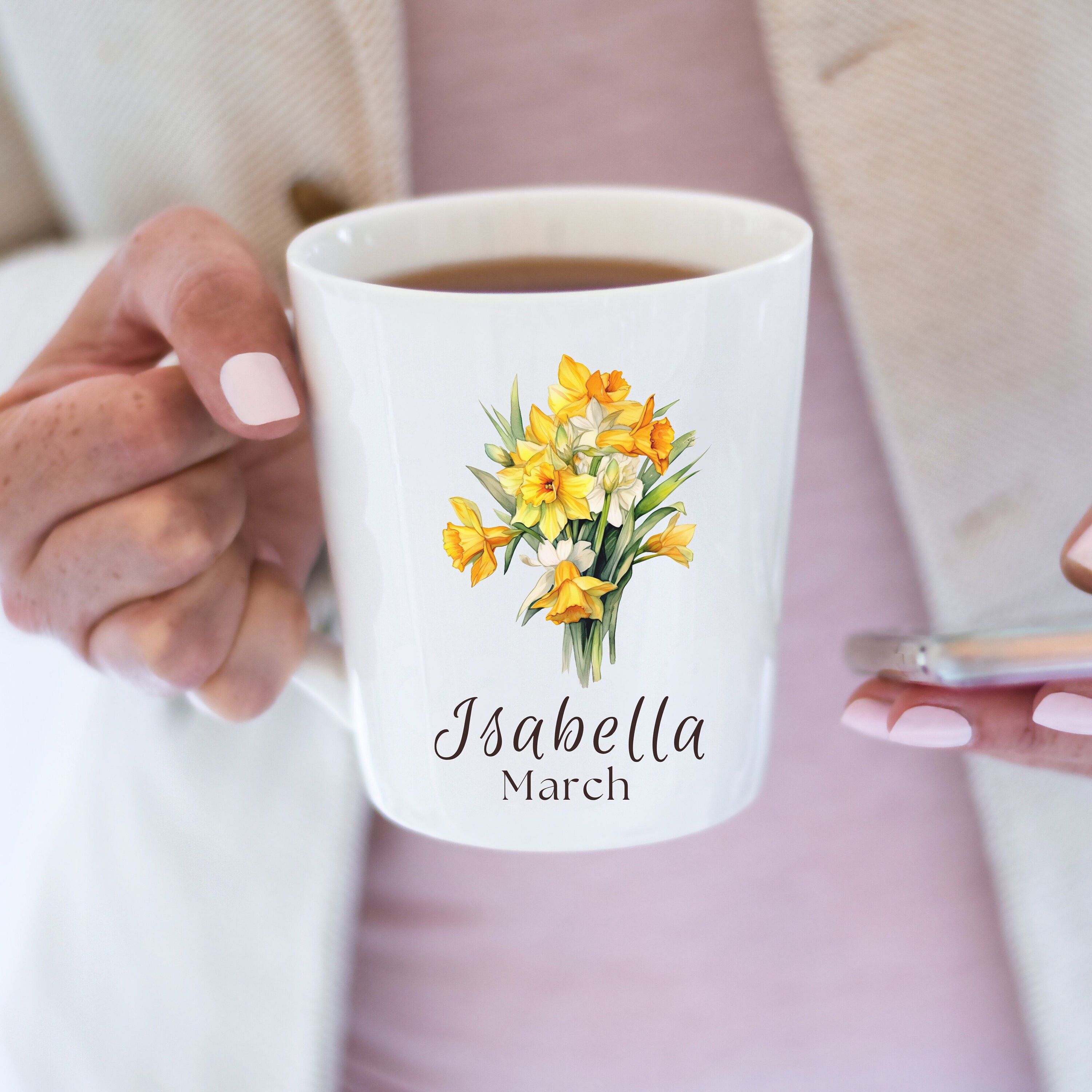 Personalized Birth Flower Mug, March Birth Flower Coffee Mug, Birth ...