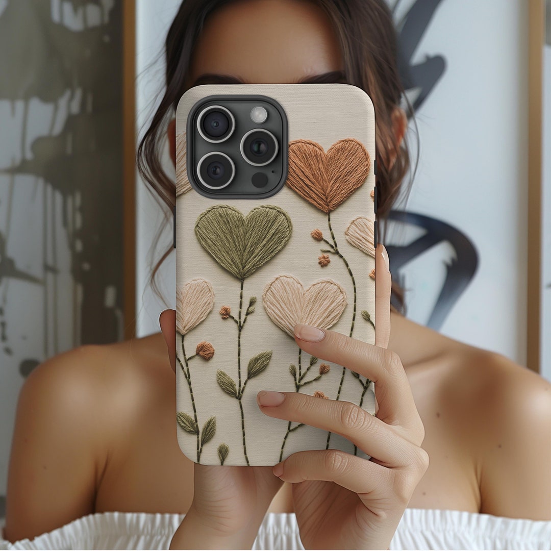 Cute Boho Hearts Faux Embroidery Phone Case Personalized Retro Hearts ...