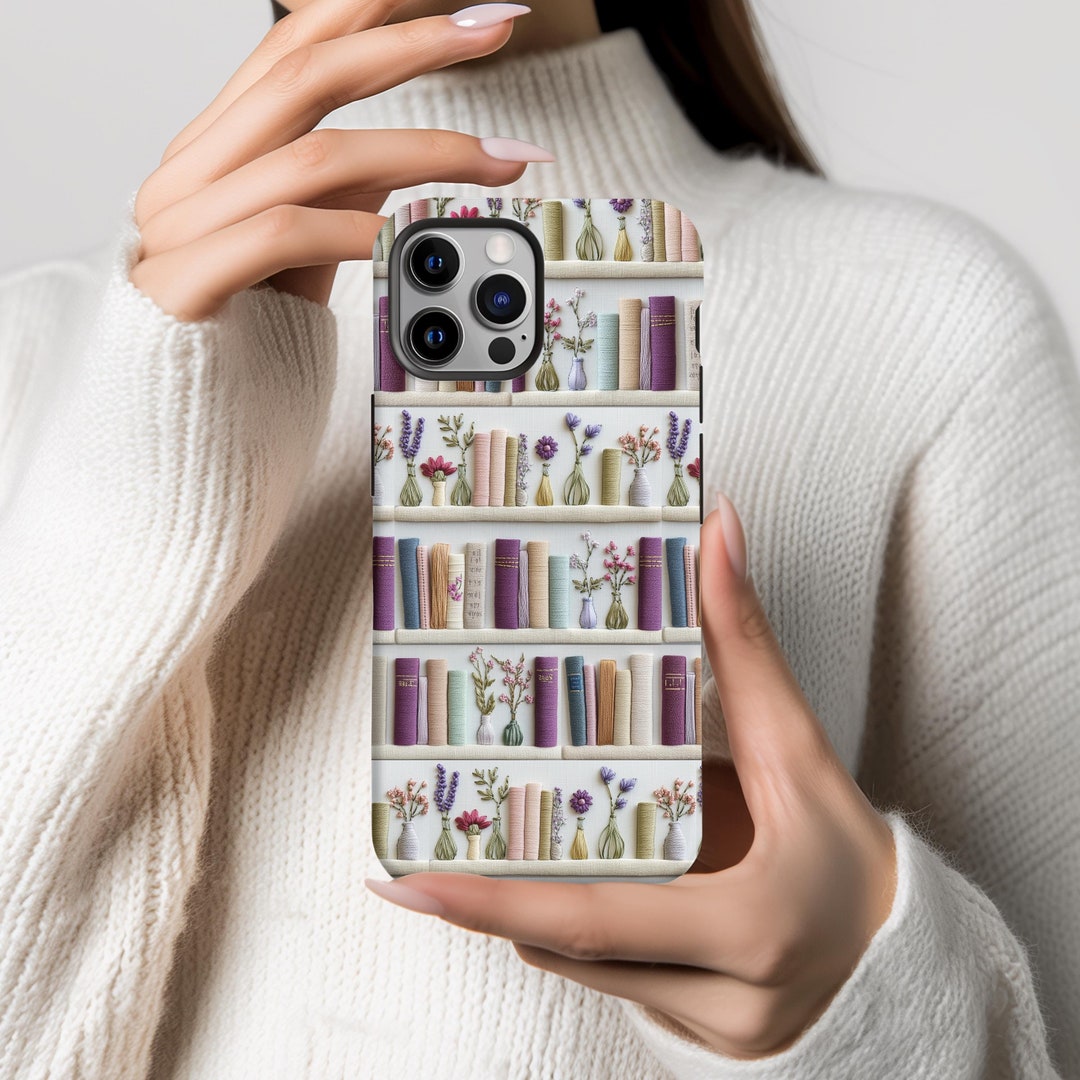 Retro Faux Embroidery Floral Bookish Phone Case, Boho Bookshelf Phone ...
