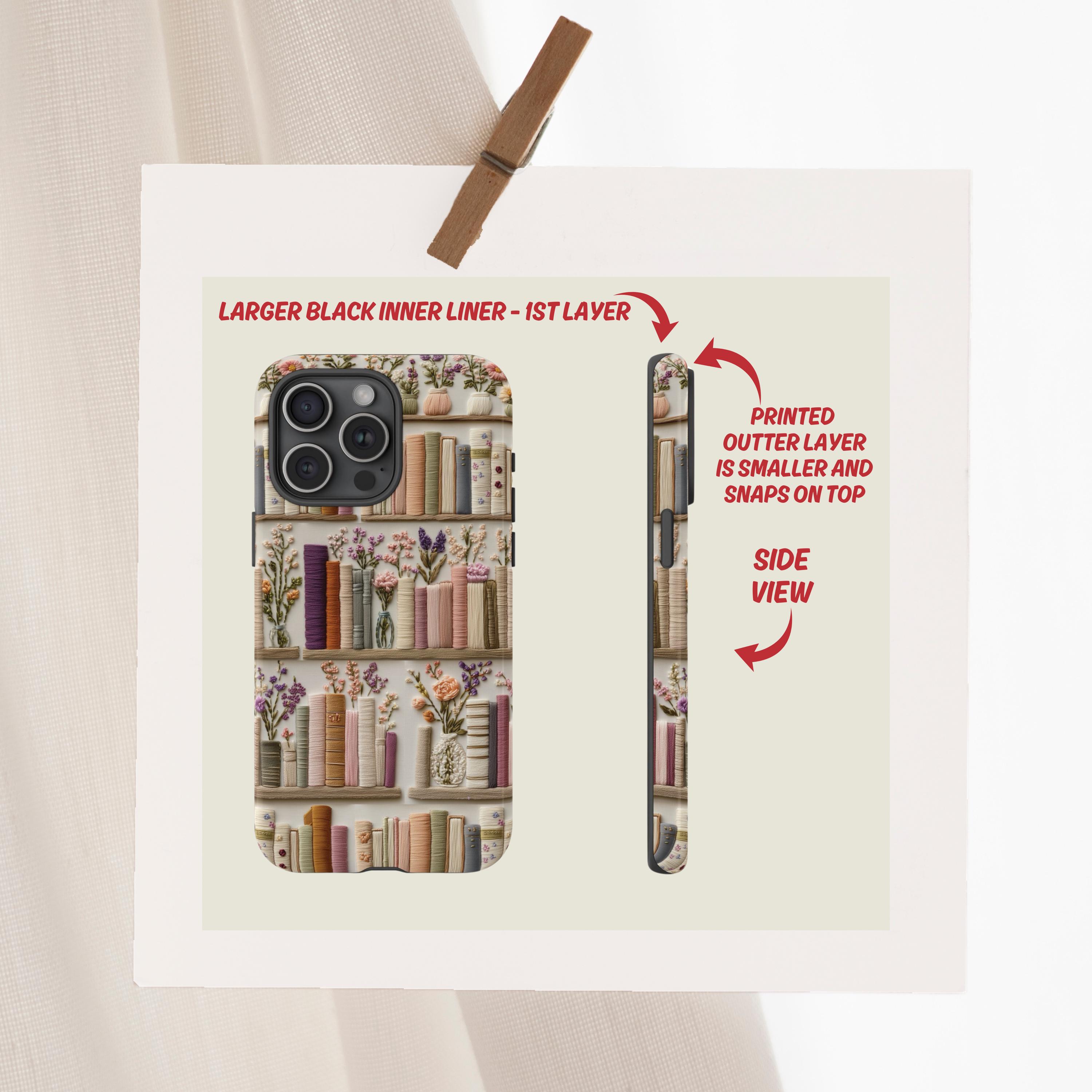 Faux Embroidery Bookish Floral Phone Case, Boho Bookshelf Phone Case ...