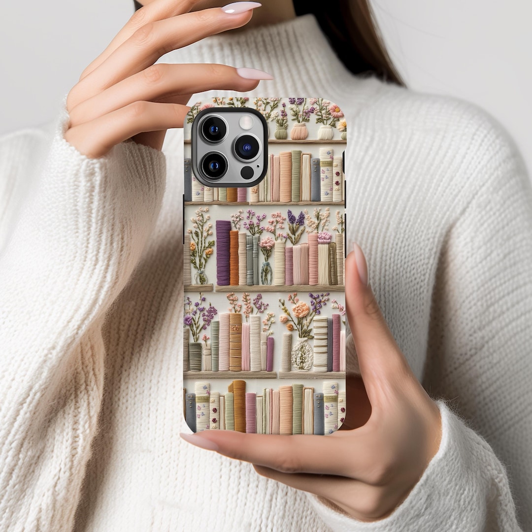 Faux Embroidery Bookish Floral Phone Case, Boho Bookshelf Phone Case ...