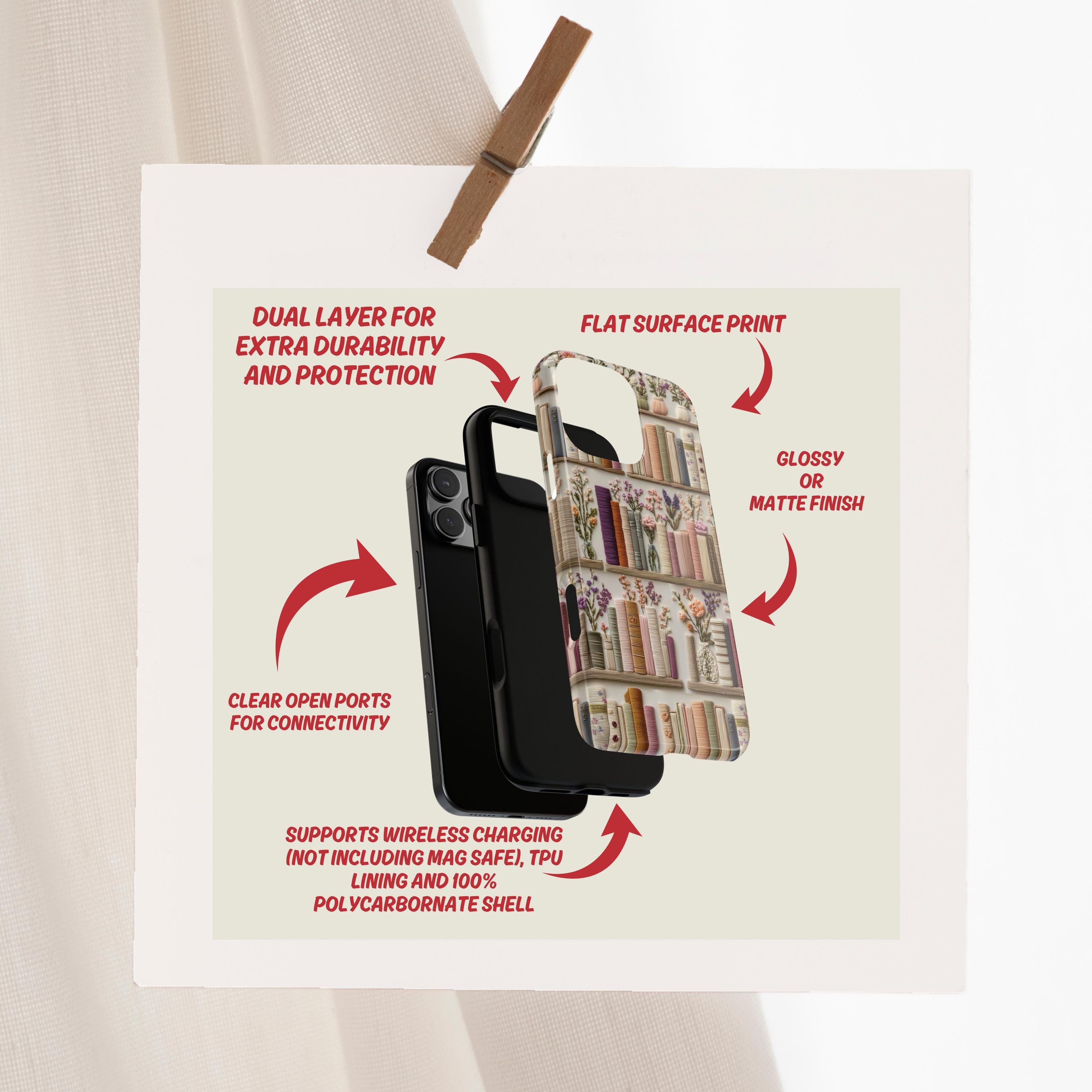 Faux Embroidery Bookish Floral Phone Case, Boho Bookshelf Phone Case ...