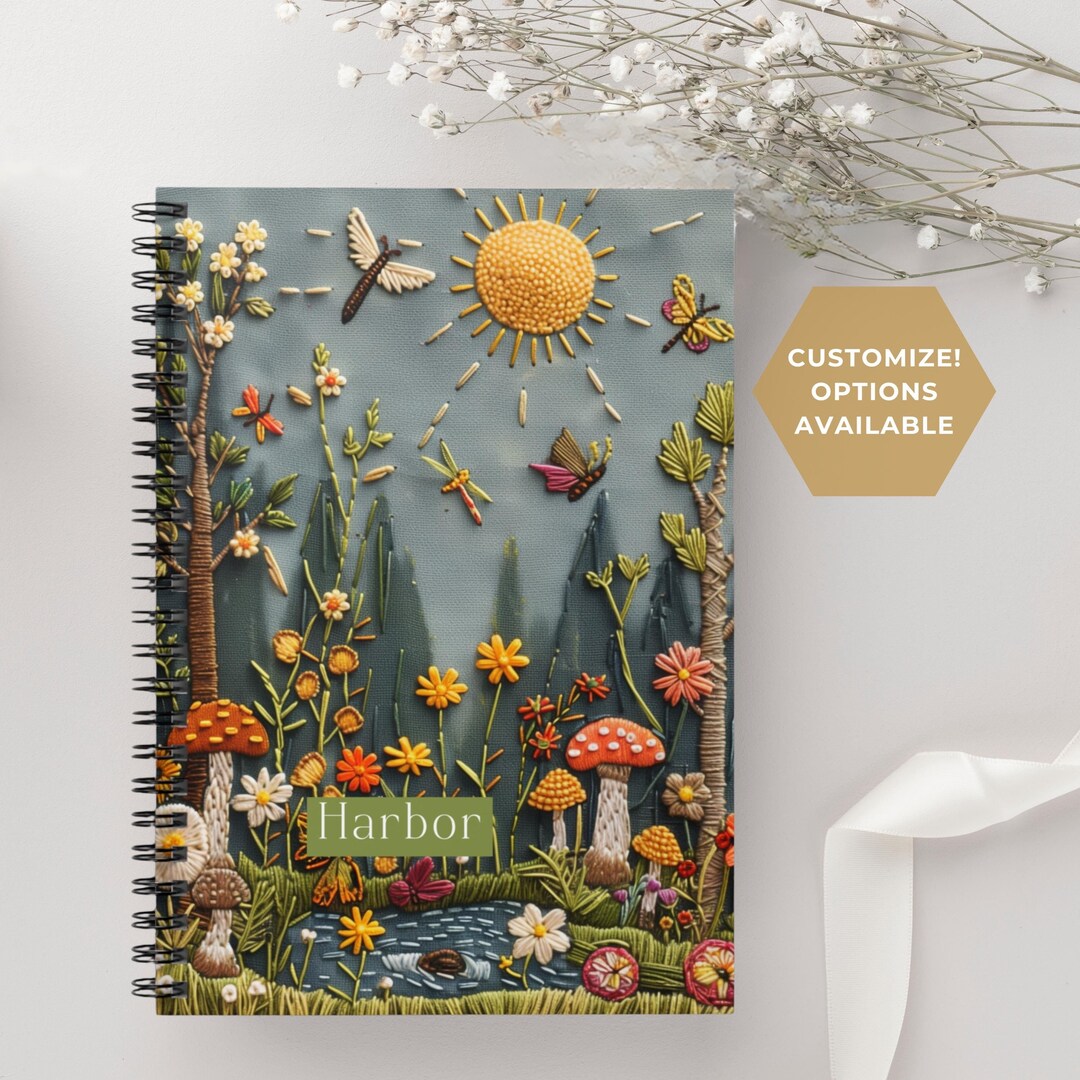 Floral Personalized Name Notebook Faux Embroidered Mushroom Journal ...