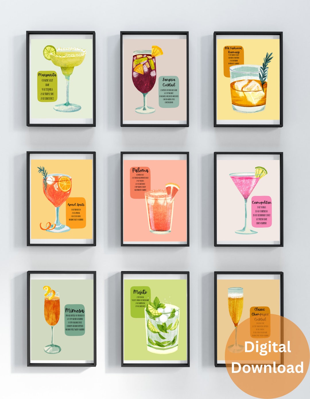 Cocktail Wall Art Printables, 9 Different Designs, Pdf Digital Download ...