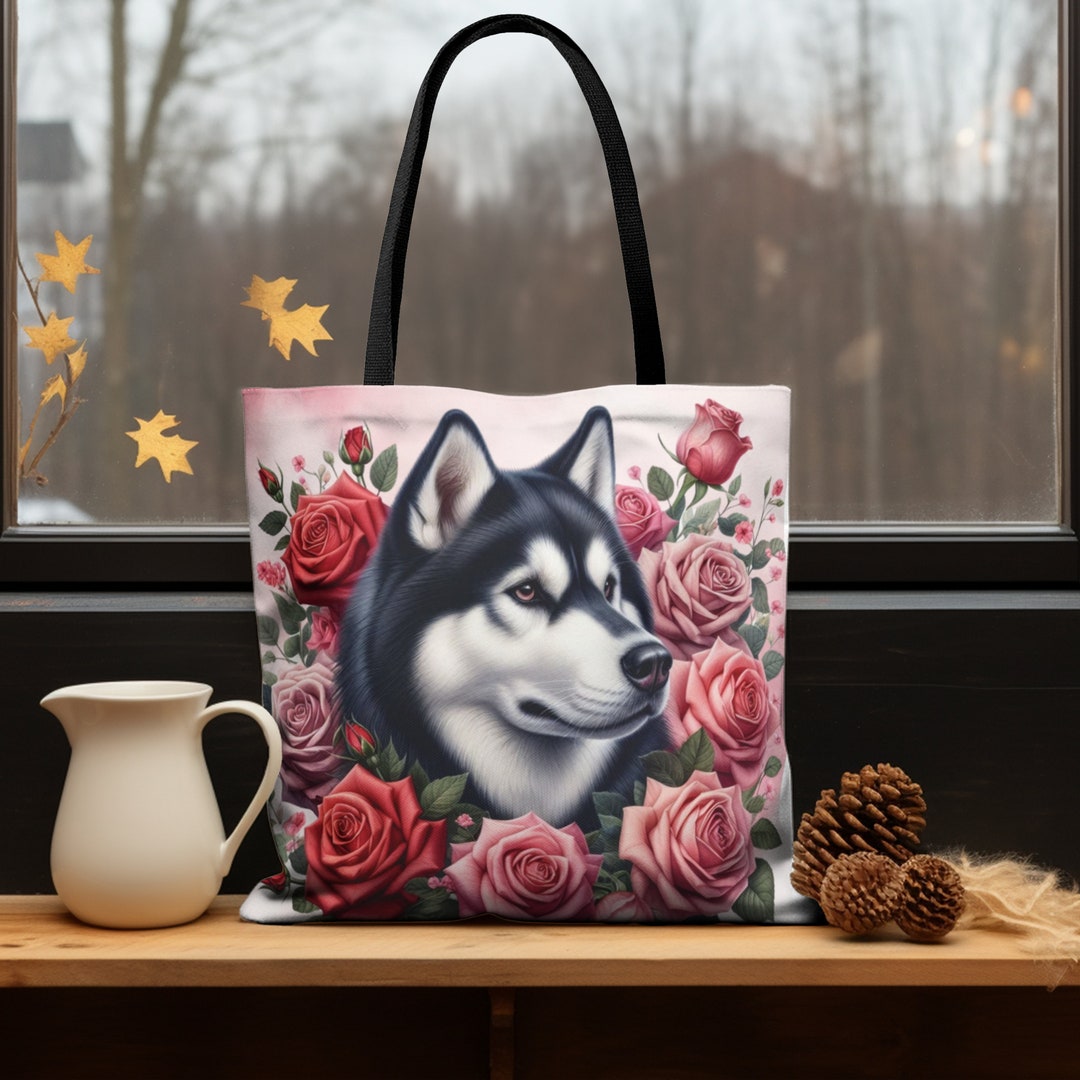 Husky Tote Bag for Siberian Husky Lovers Pink Roses Dog Gift for Mom ...