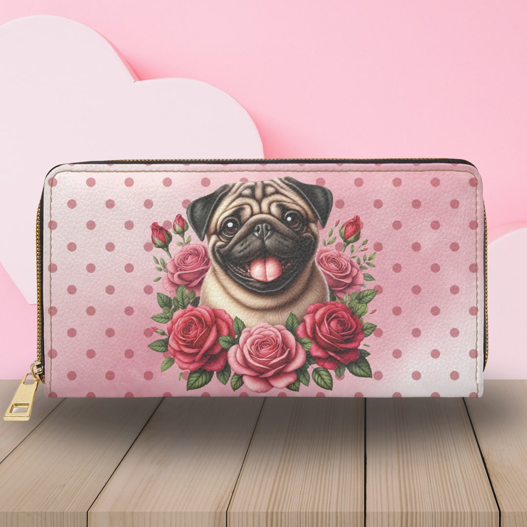 Pug Pink Roses and Polka Dots Zipper Wallet Gift for Pug Mom Gift Pug ...