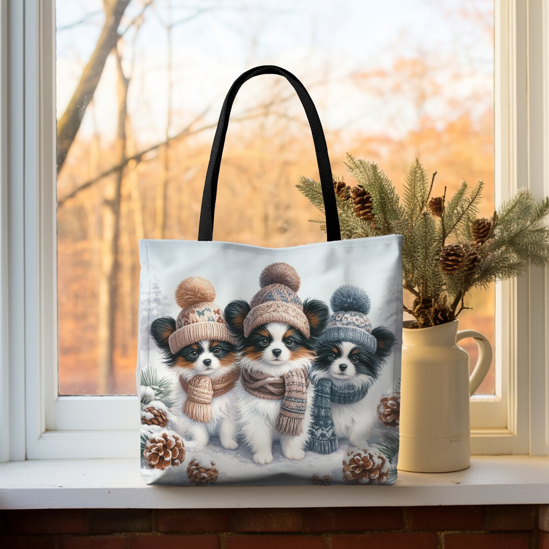 Papillon Tote Bag for Dog Lovers Winter Papillon Tote Gift for Dog Mom ...