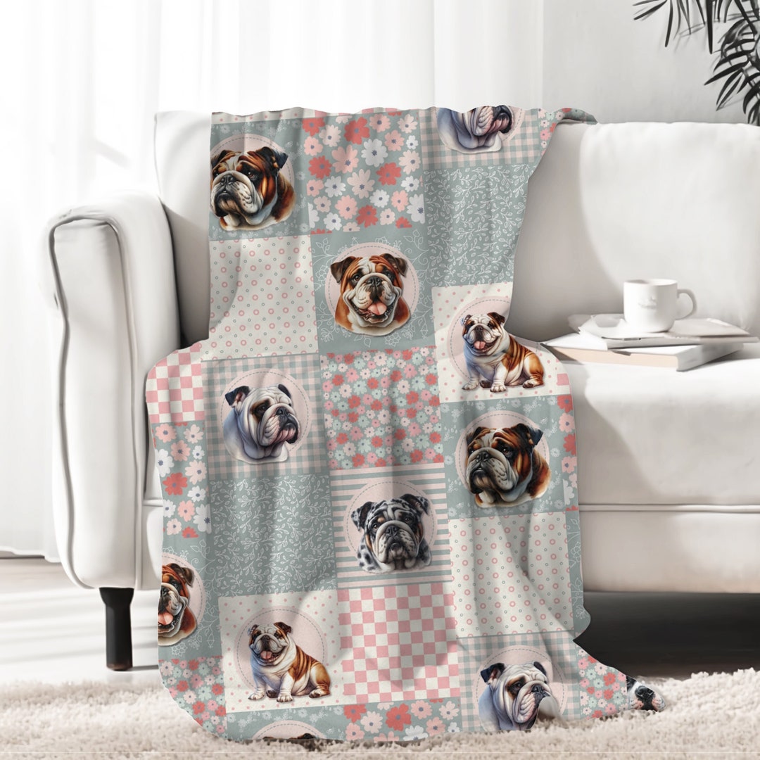 English Bulldog Gift for Bulldog Lover Faux Patchwork Soft Lightweight ...