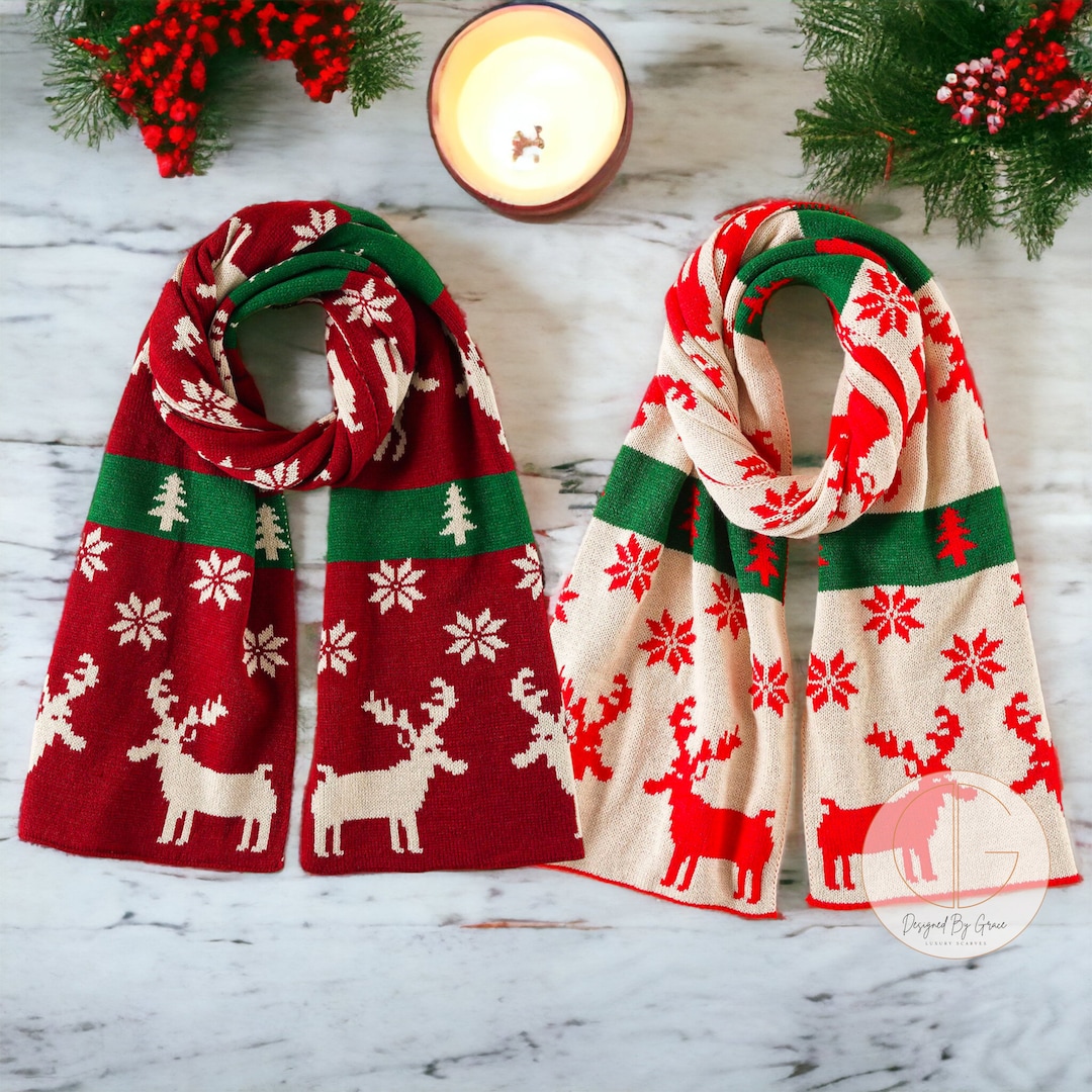 Red Christmas Christmas Scarf White Winter Warm Reindeer Scarf Festive ...