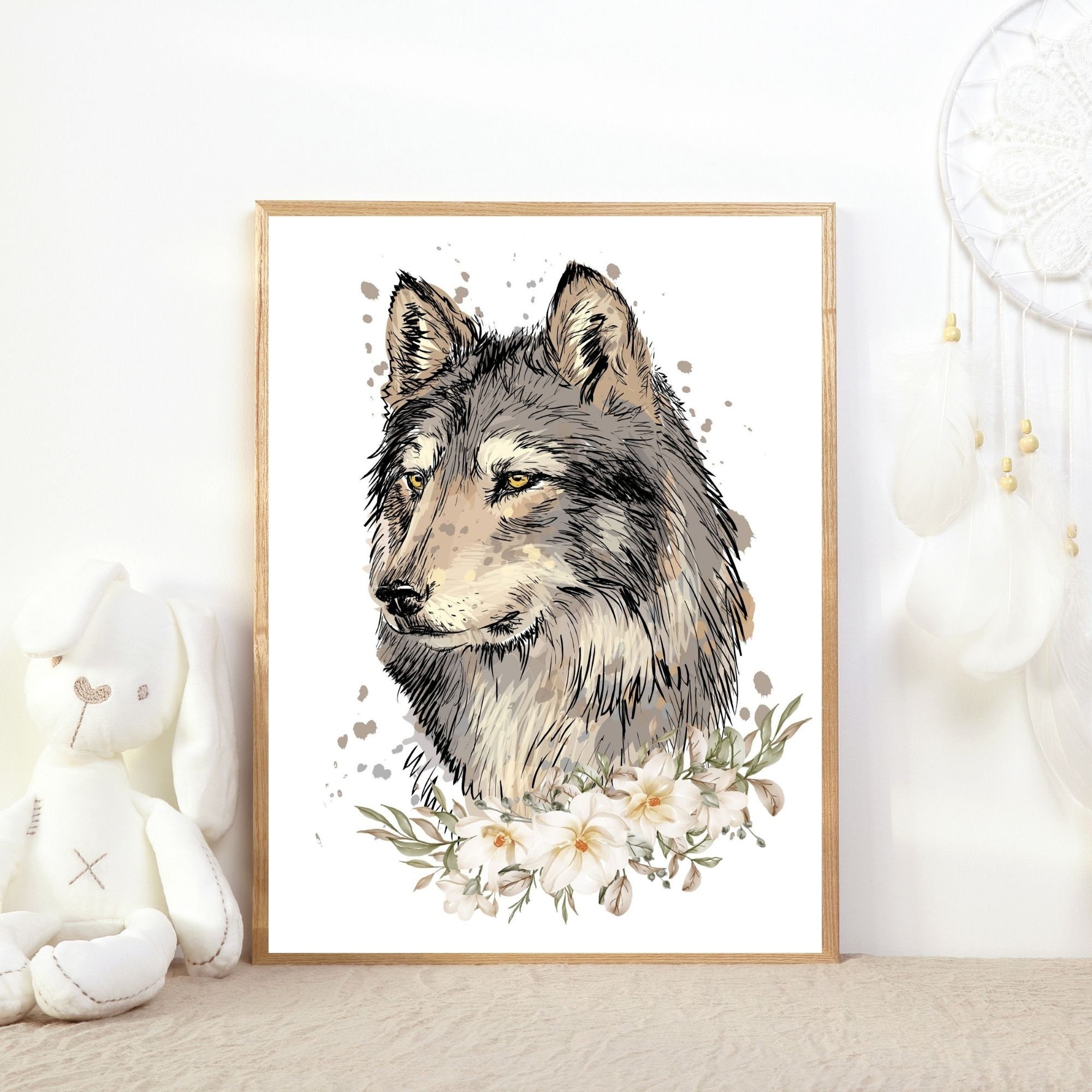Wolves With Flowers Set of 2 Prints Digital Nursery Wall Art for Kids ...