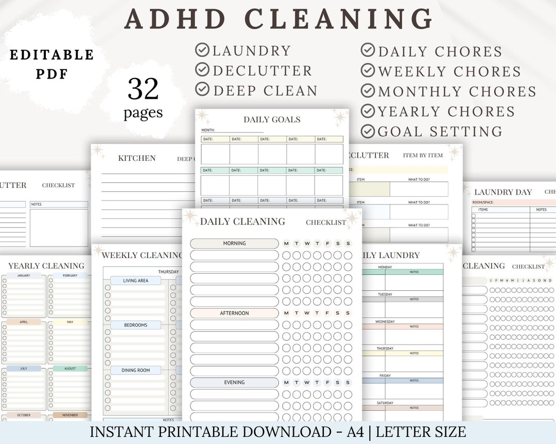 EDITABLE ADHD Cleaning Planner, ADHD Cleaning Checklist, Daily, Weekly ...