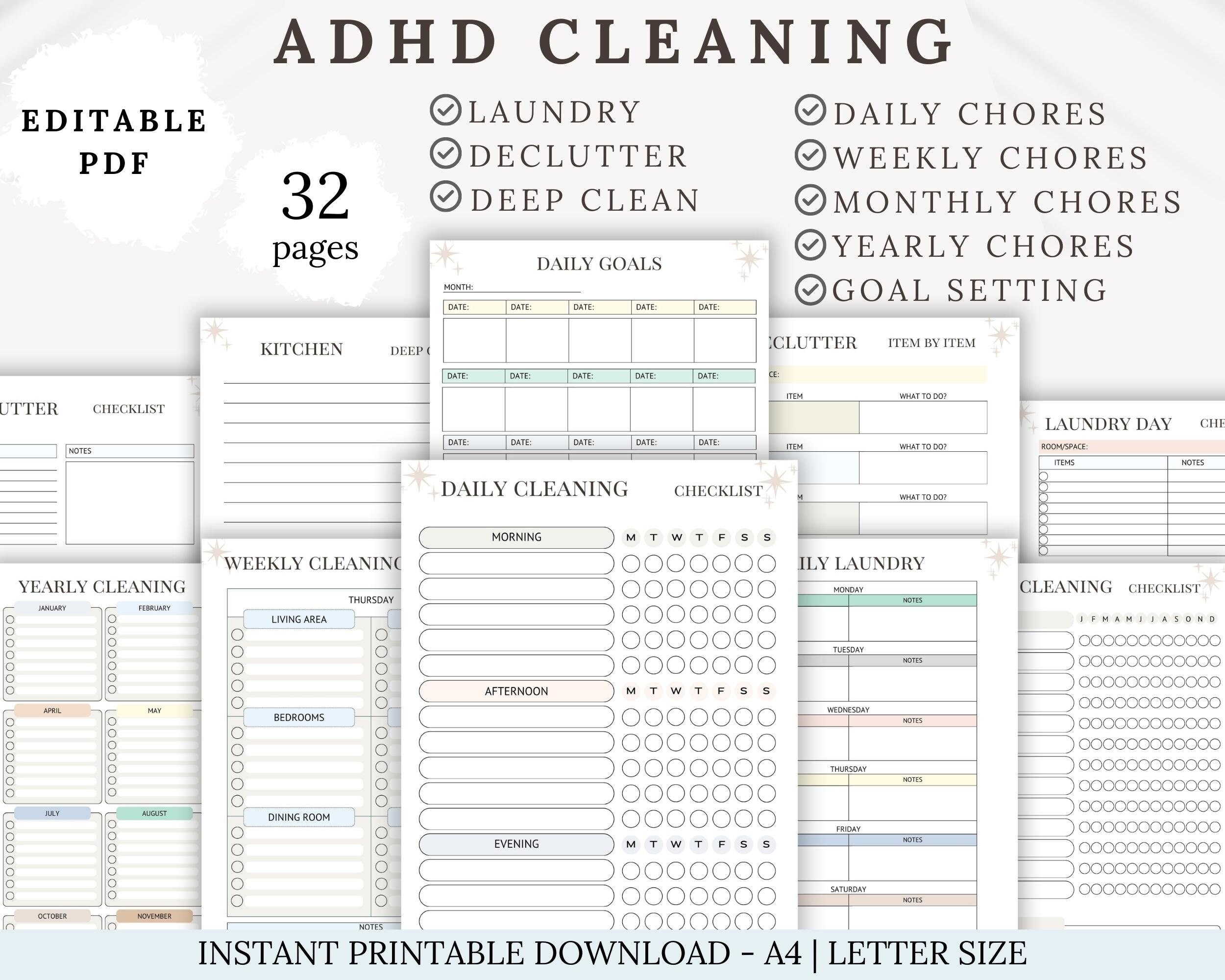 EDITABLE ADHD Cleaning Planner, ADHD Cleaning Checklist, Daily, Weekly ...
