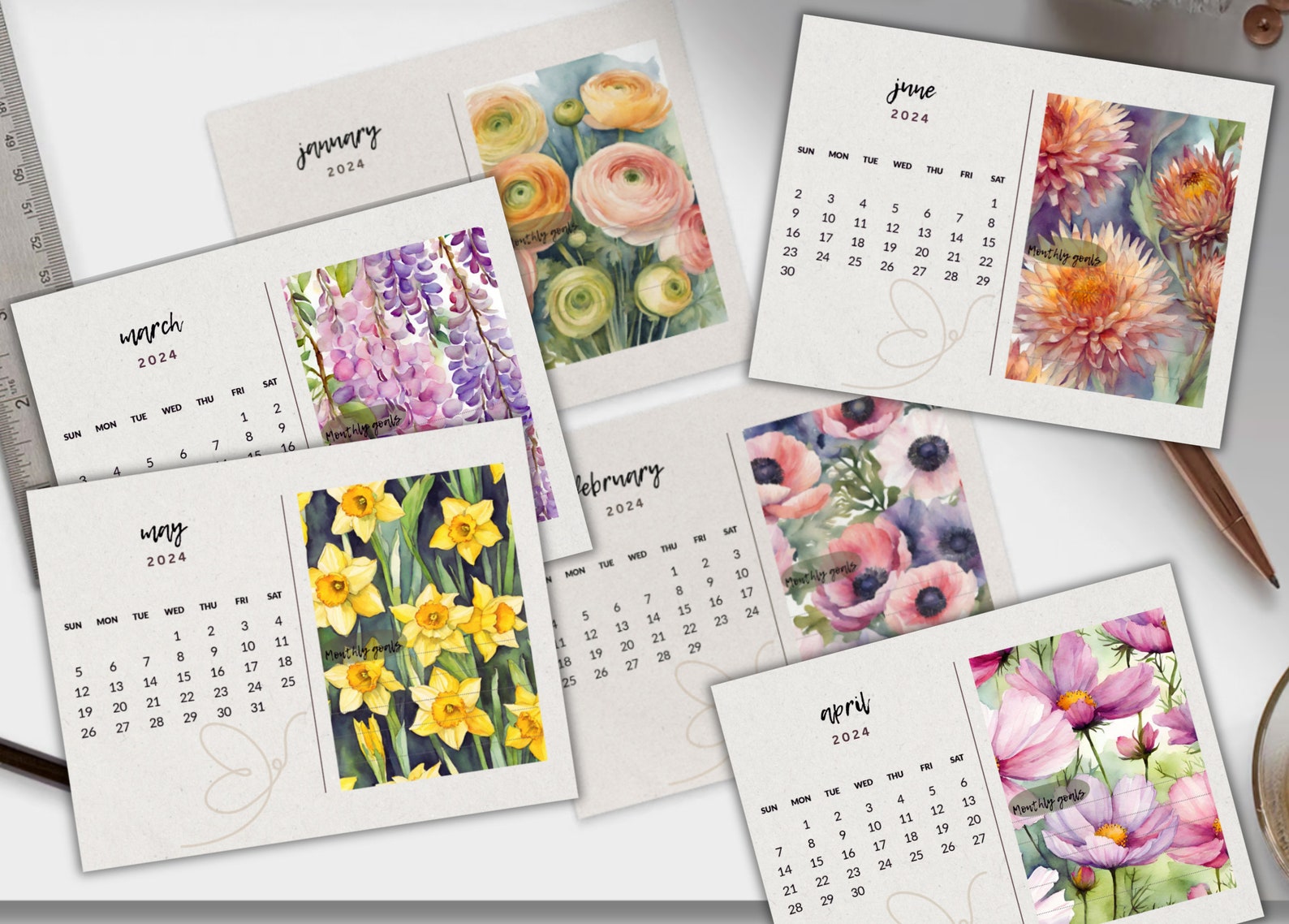 Downloadable Postcard Style Beige Calendar Jan to Dec 2024 Monthly Desk ...