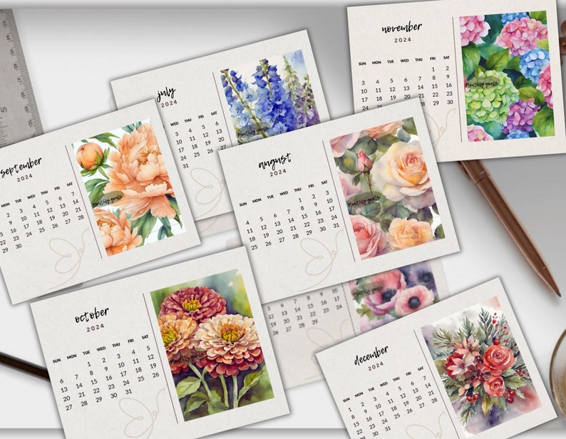 Downloadable Postcard Style Beige Calendar Jan to Dec 2024 Monthly Desk ...