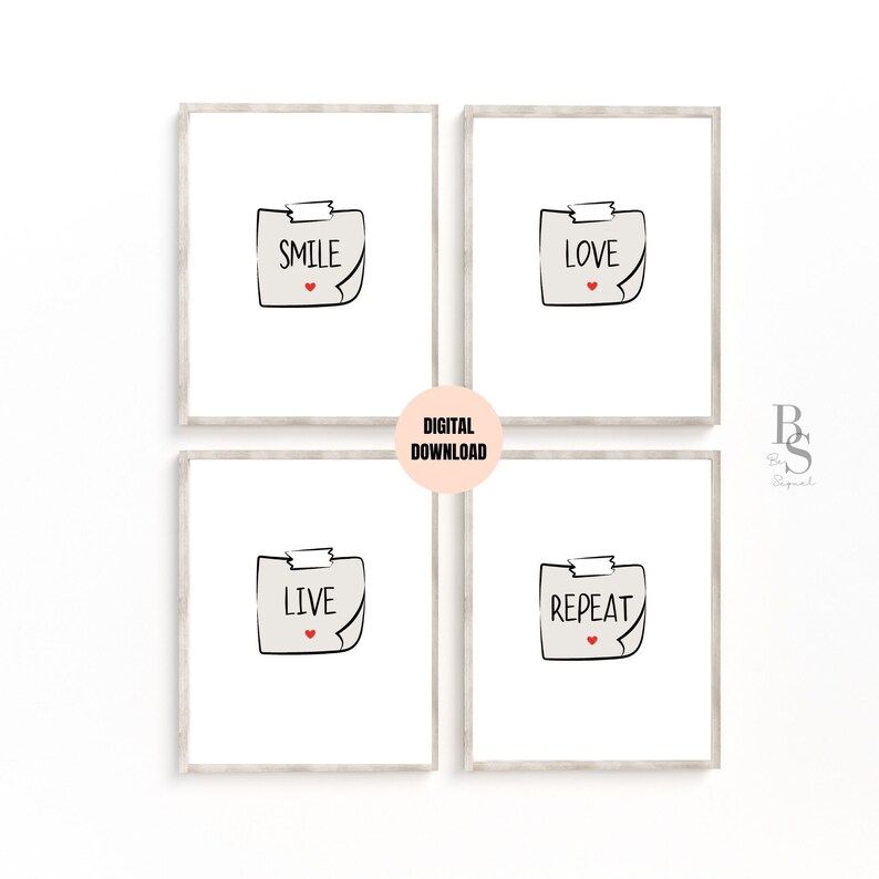 Set of 4 Inspirational Sayings Wall Art Smile Love Live Repeat Post It ...