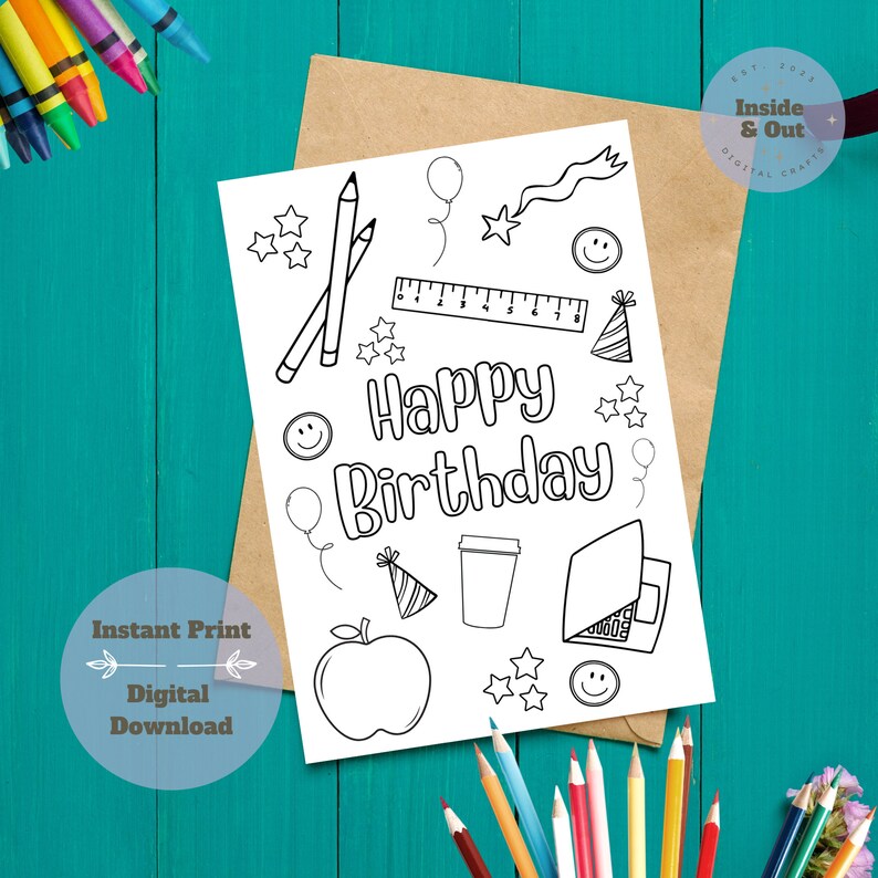 Printable Coloring School-themed Birthday Card - A Lesson in ...