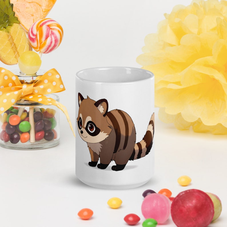 Cute Raccoon Chibi Style Mug - Cartoon Line Art - Coffee Mug, Tea Cup ...