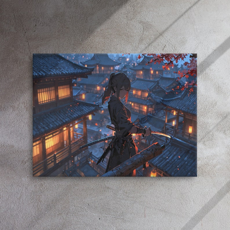 Canvas Wall Art Print: Graceful Ninja Assassin Moonlit Rooftop in ...