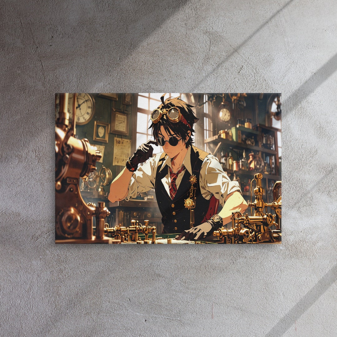 Canvas Wall Art Print: Whimsical Steampunk Inventor - Anime-style Art ...
