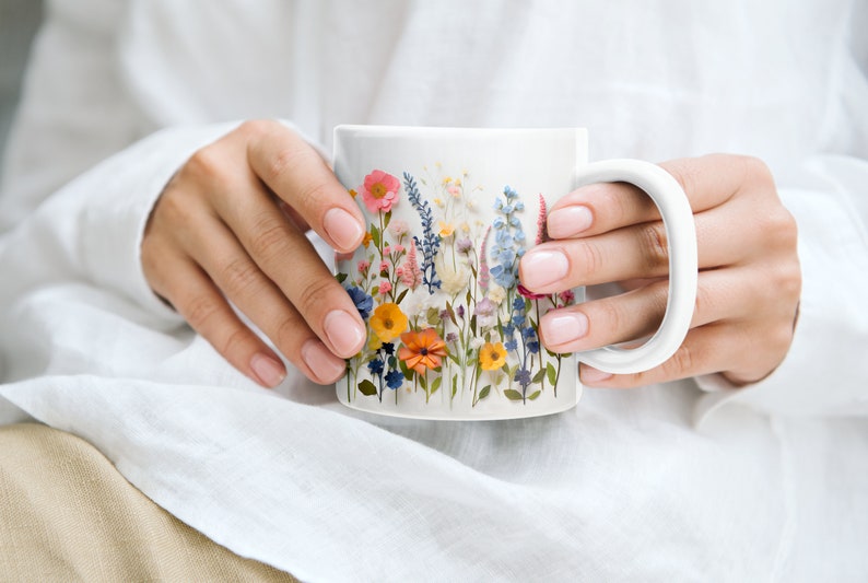 Colorful Flower Mug Pressed Flowers Cup Boho Wildflowers Cottage Coffee ...