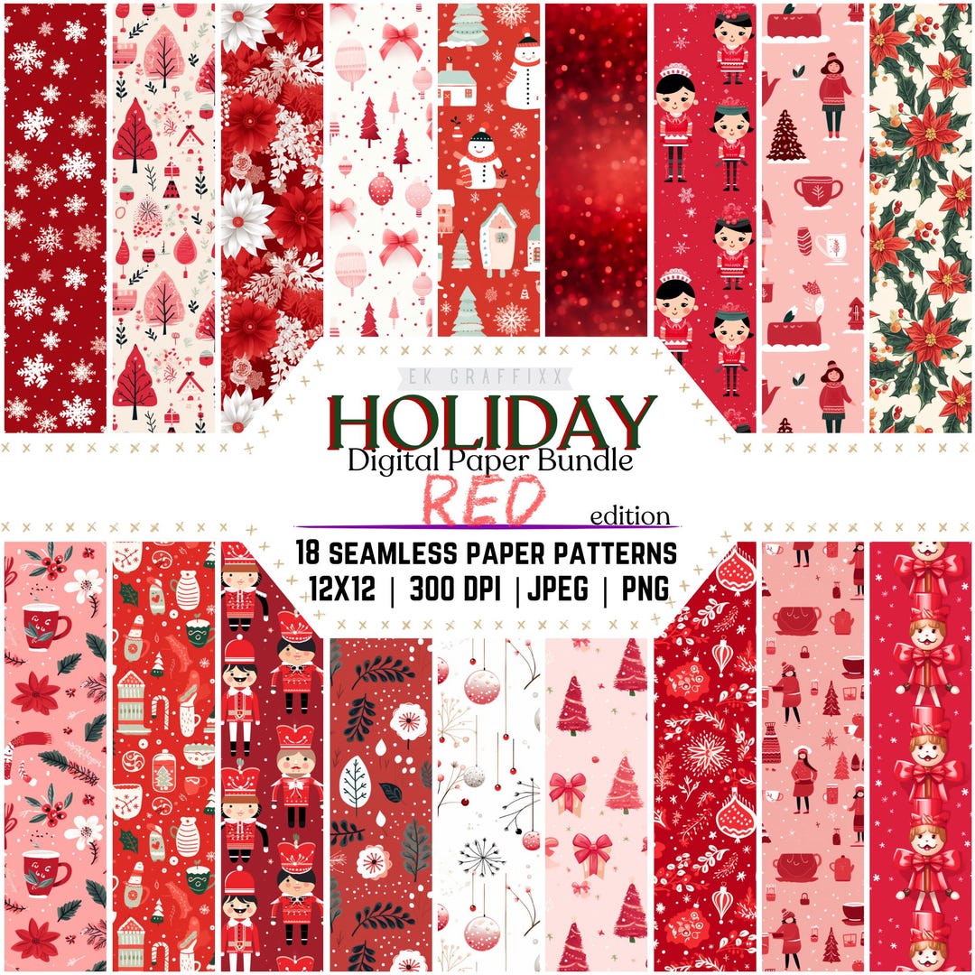 Digital Paper Pack, Holiday Paper, Red Xmas Scrapbook Paper, Christmas ...