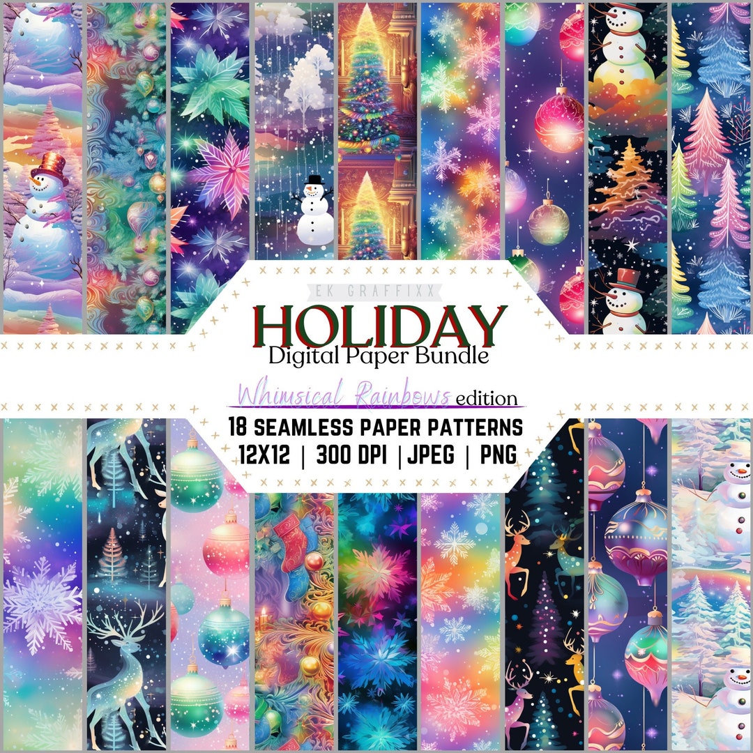 Rainbow Christmas Digital Paper Pack: Seamless Holiday Patterns ...