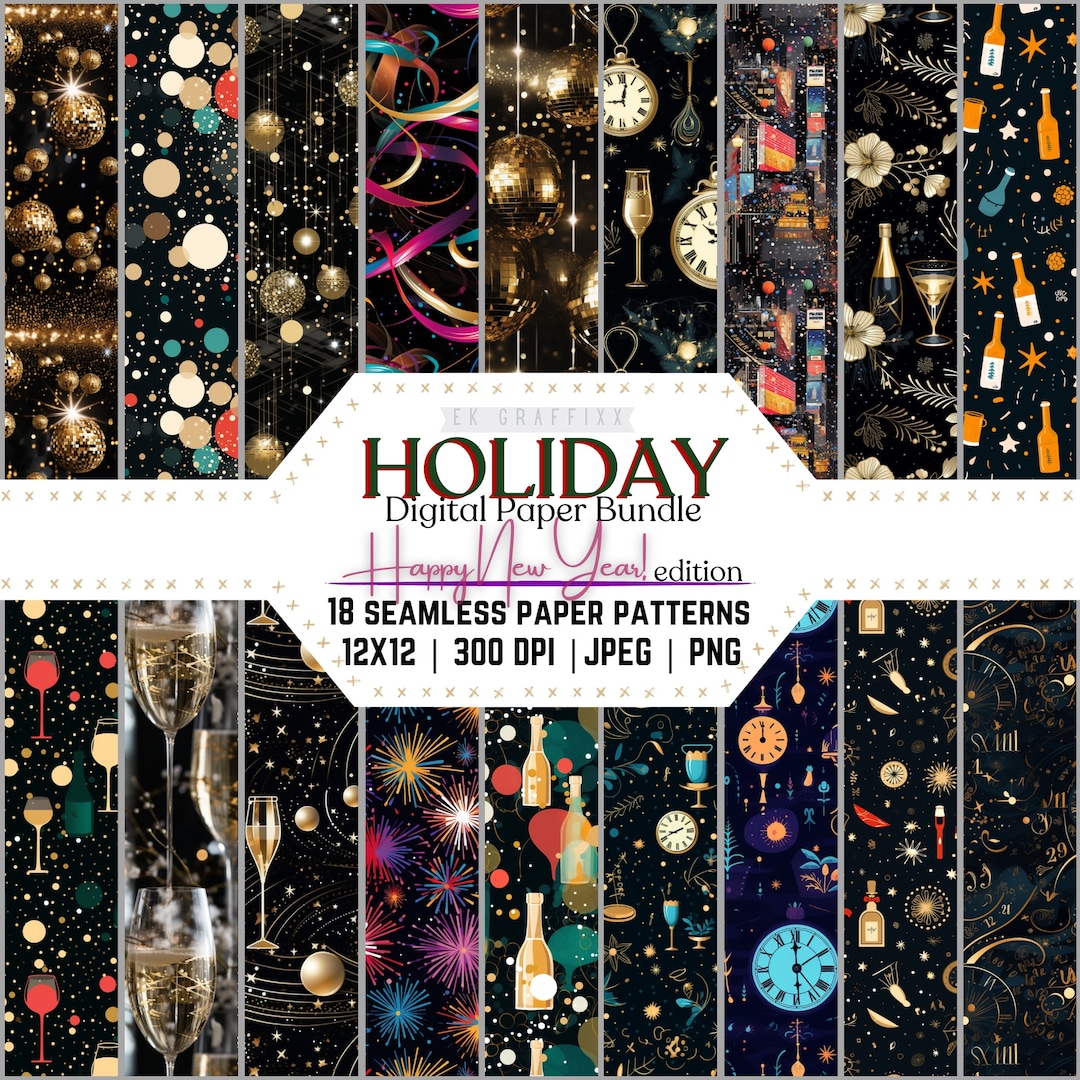 Digital Paper Pack, Holiday Paper, Nye Theme Scrapbook Paper, Holiday ...