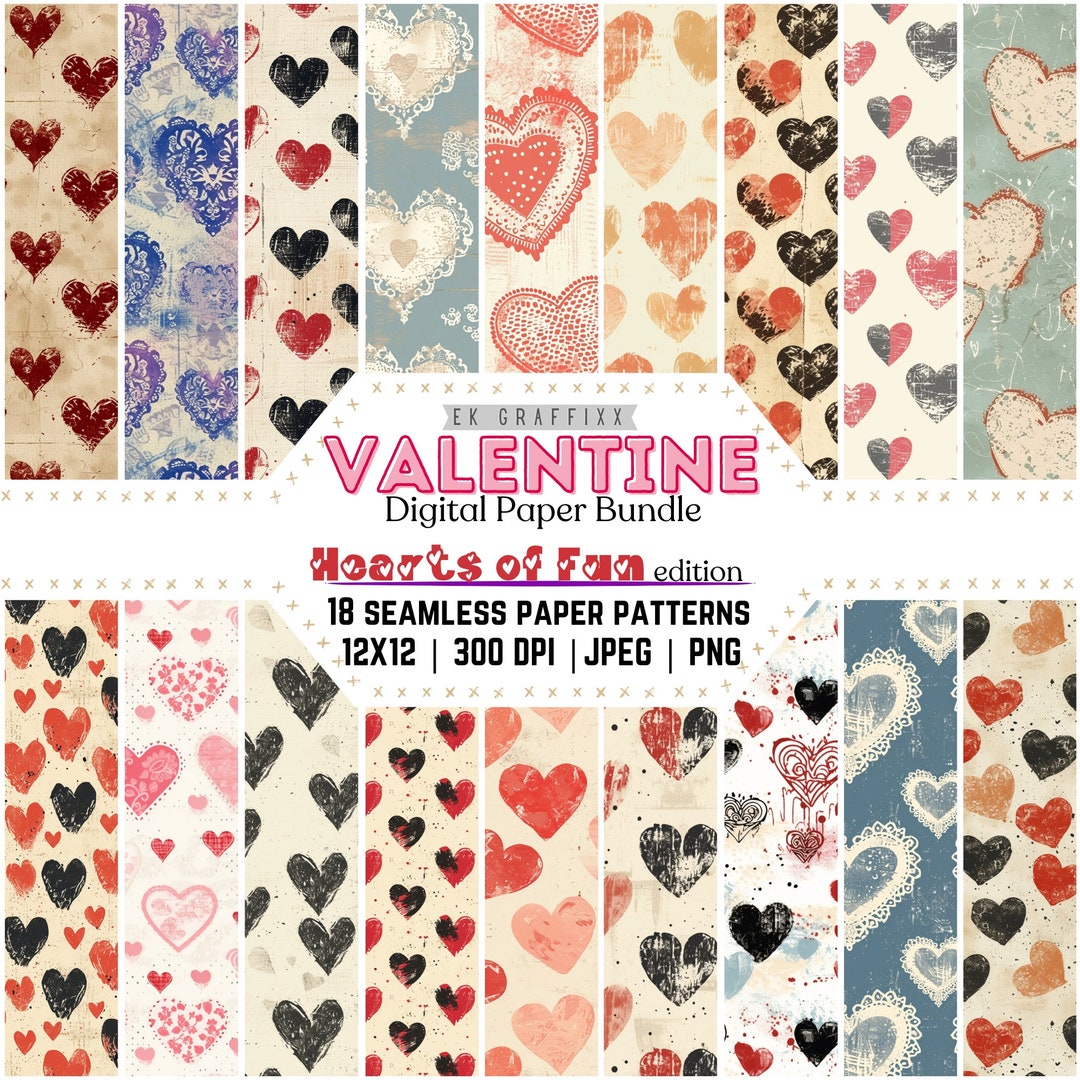 Valentine Heart Digital Paper Pack: Seamless Vintage Patterns (digital ...