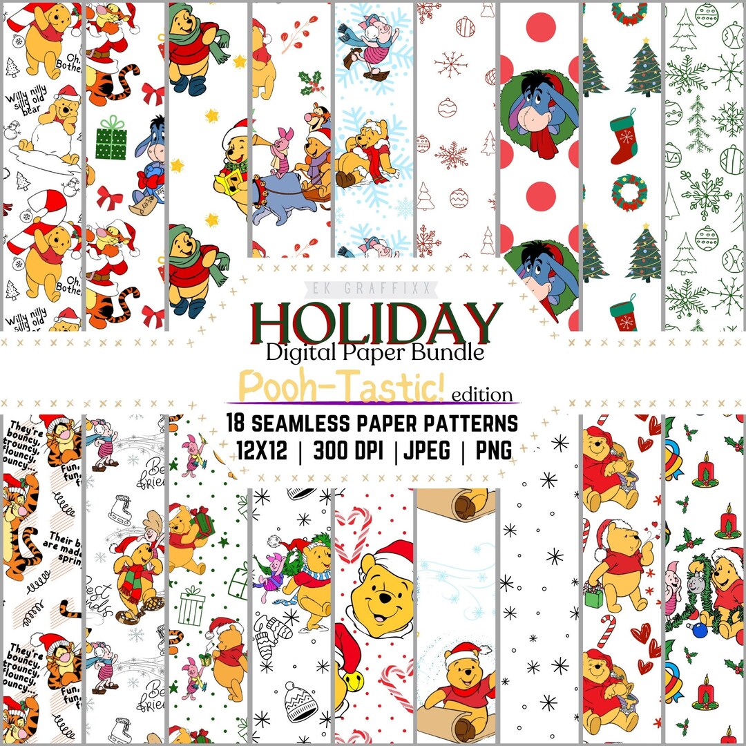 Christmas Winnie the Pooh Digital Paper Pack: Holiday Cartoon (digital ...