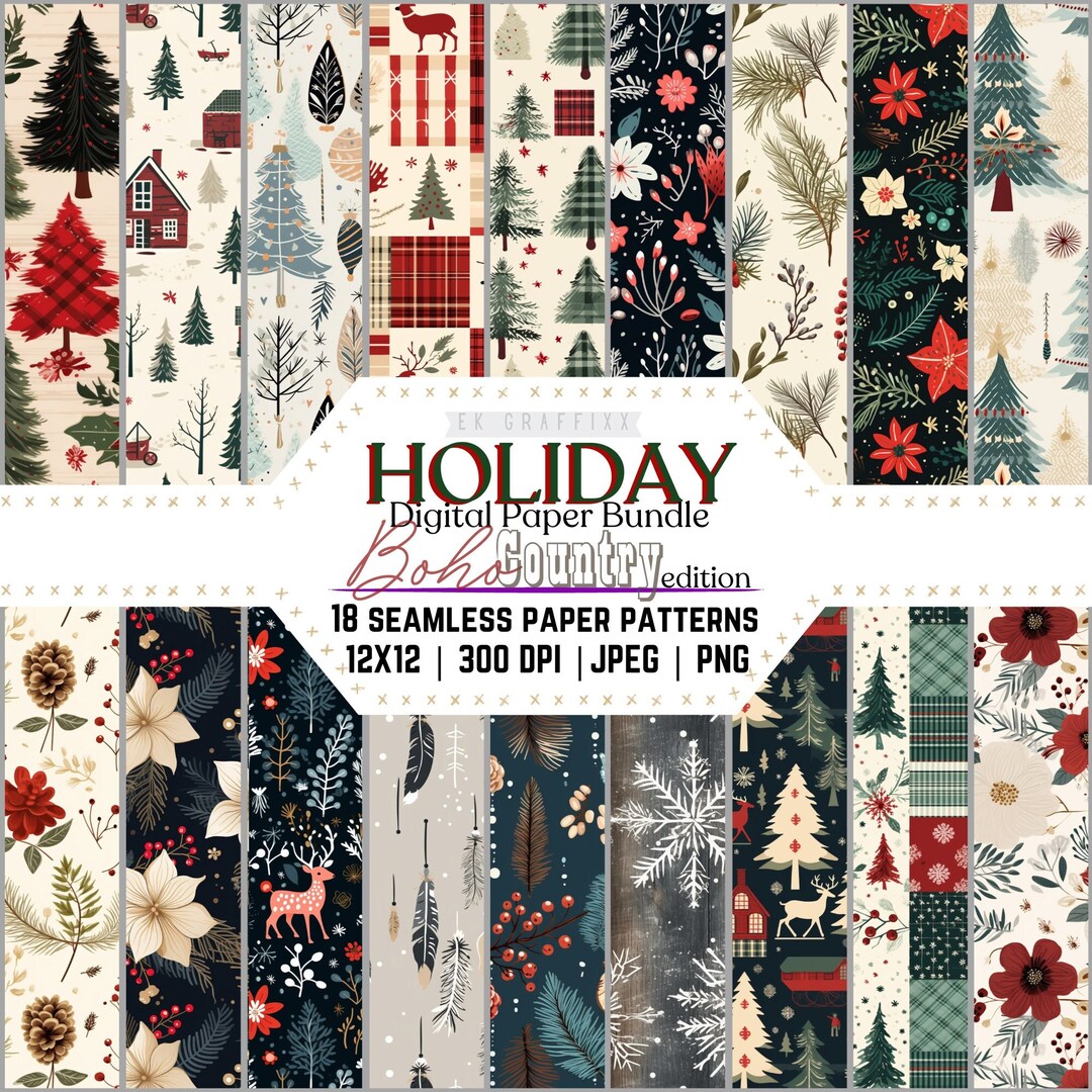 Boho Christmas Digital Paper Pack: Retro Holiday Patterns (digital ...