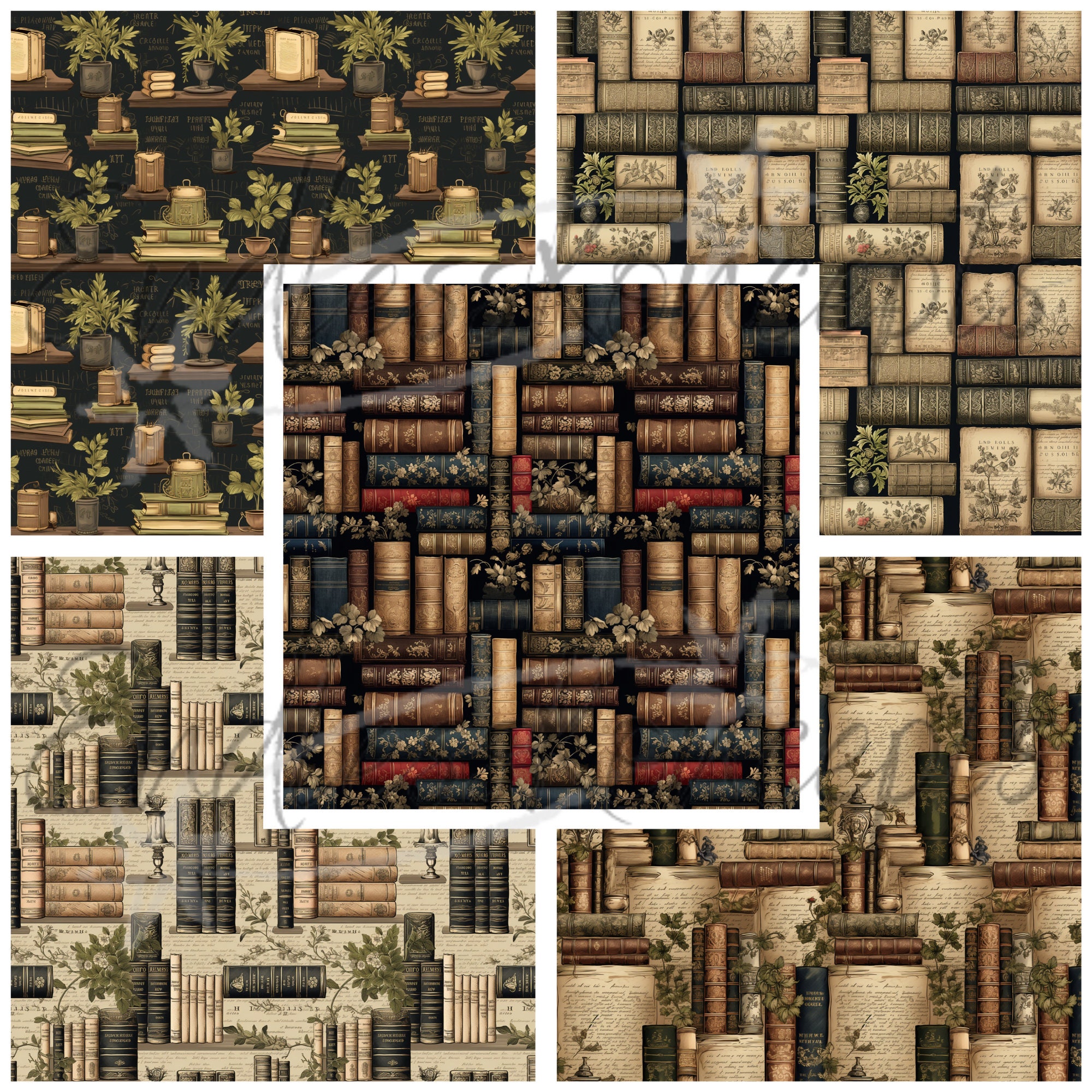 Book Lovers Paper, Vintage Floral Pattern, Book Themed Patterns, Book ...