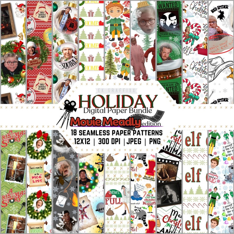 Christmas Movie Digital Paper Pack: Holiday Seamless Patterns (JPG, PNG ...