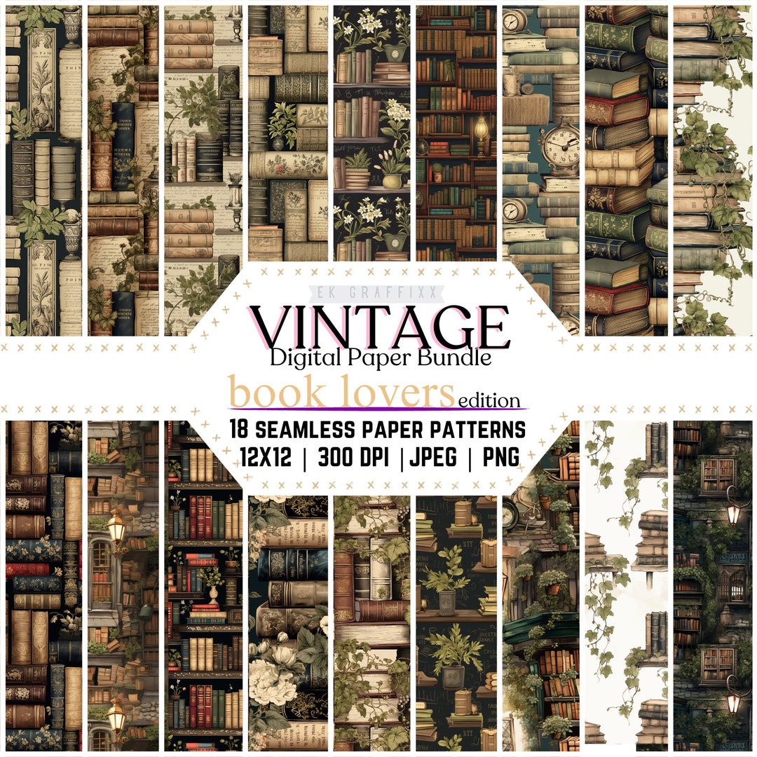 Book Lovers Paper, Vintage Floral Pattern, Book Themed Patterns, Book ...