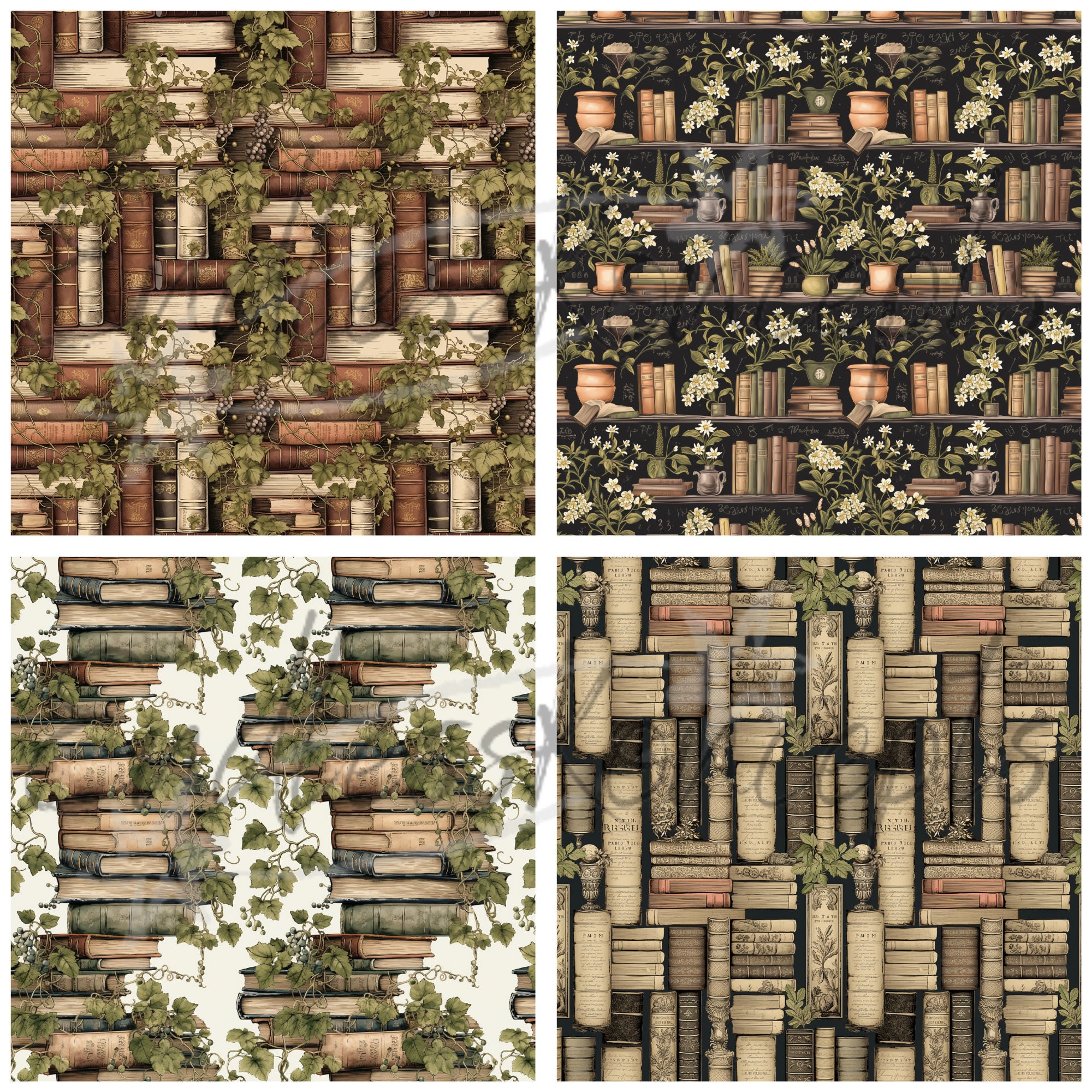 Book Lovers Paper, Vintage Floral Pattern, Book Themed Patterns, Book ...