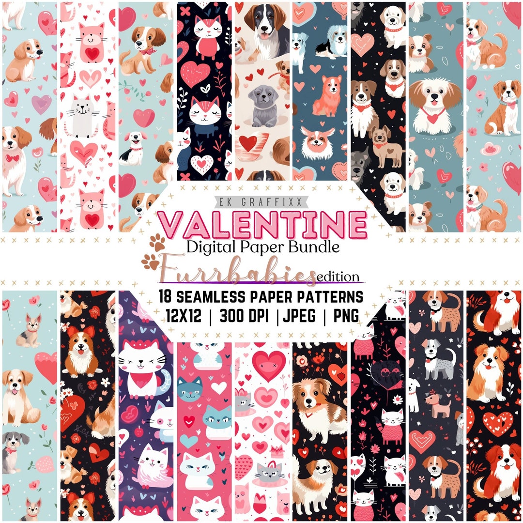 Cute Animal Valentine Digital Paper, Seamless Puppy Love Patterns ...
