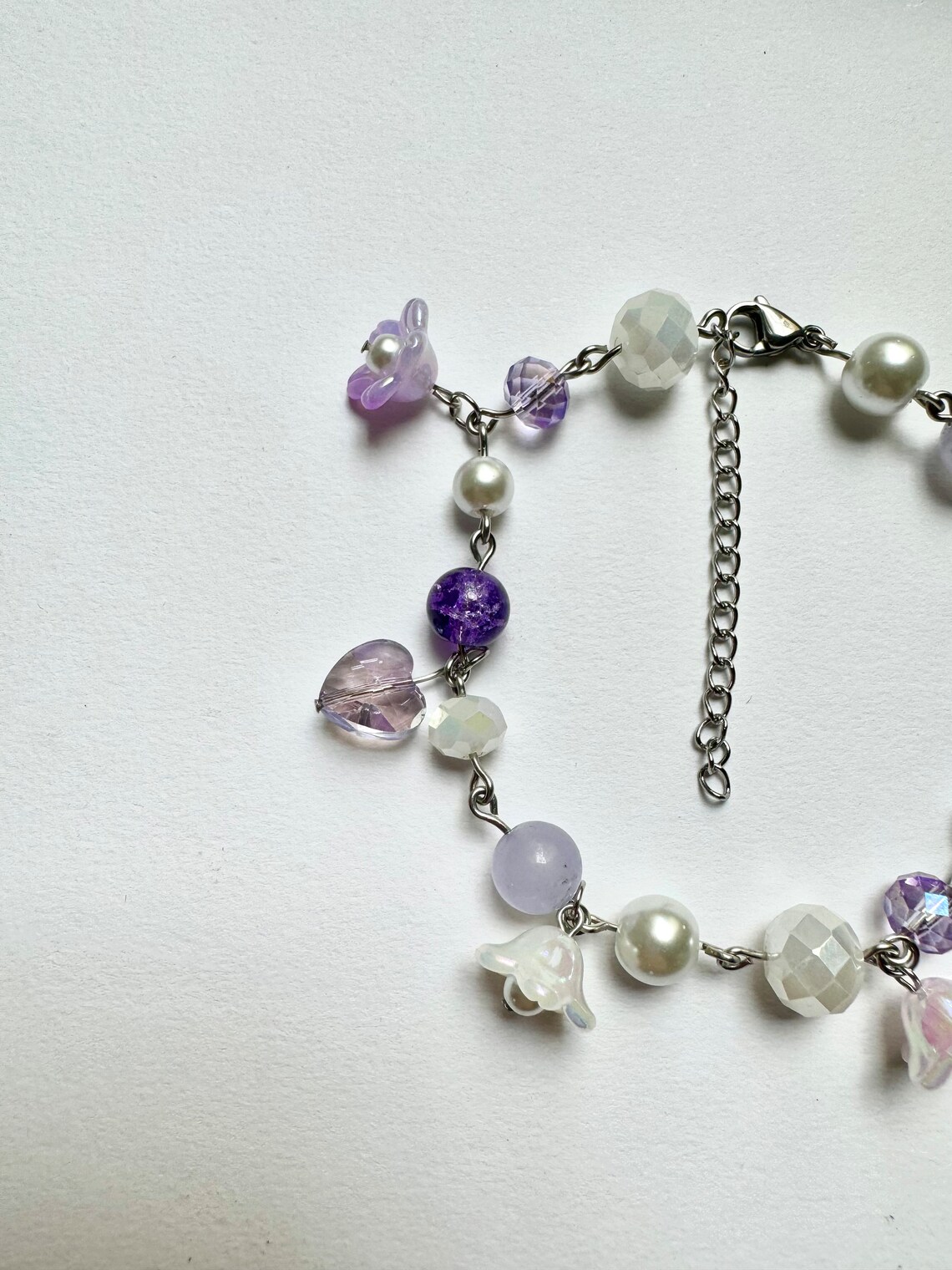 Purple and White Beaded Bracelet, Handmade Charm Bracelet, Cute Silver ...