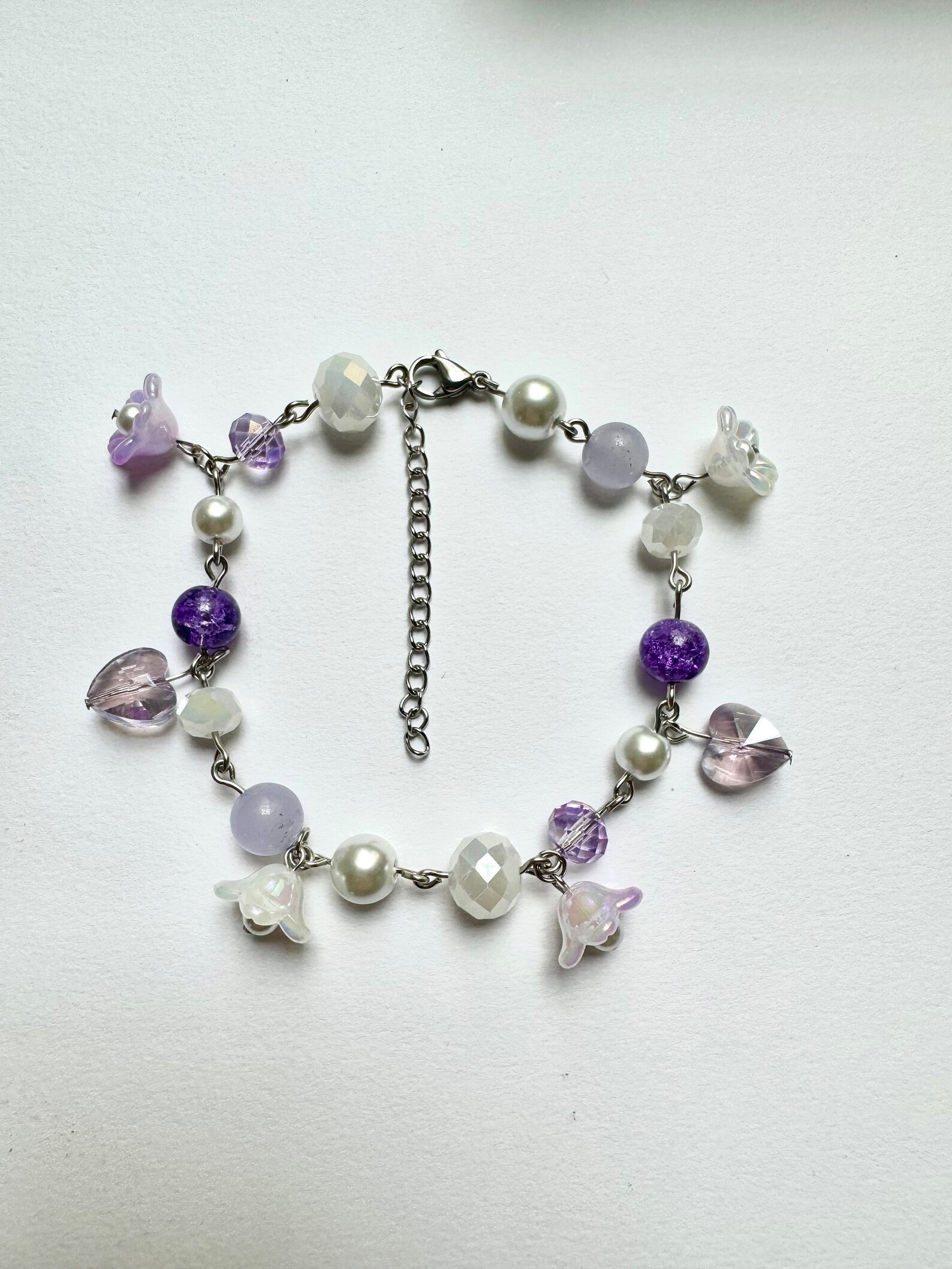 Purple and White Beaded Bracelet, Handmade Charm Bracelet, Cute Silver ...