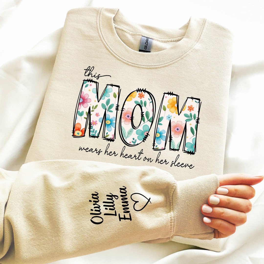 Custom This Mom Wears Her Heart on Her Sleeve Hoodie, Personalized Mom ...