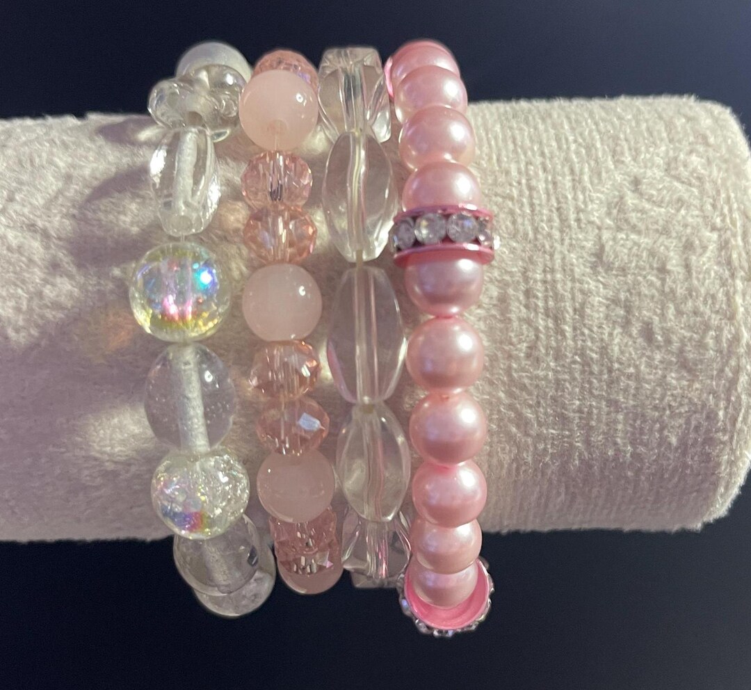 Four Pink Crystal Clear Pearl and Gemstone Beaded Stretch Bracelet ...