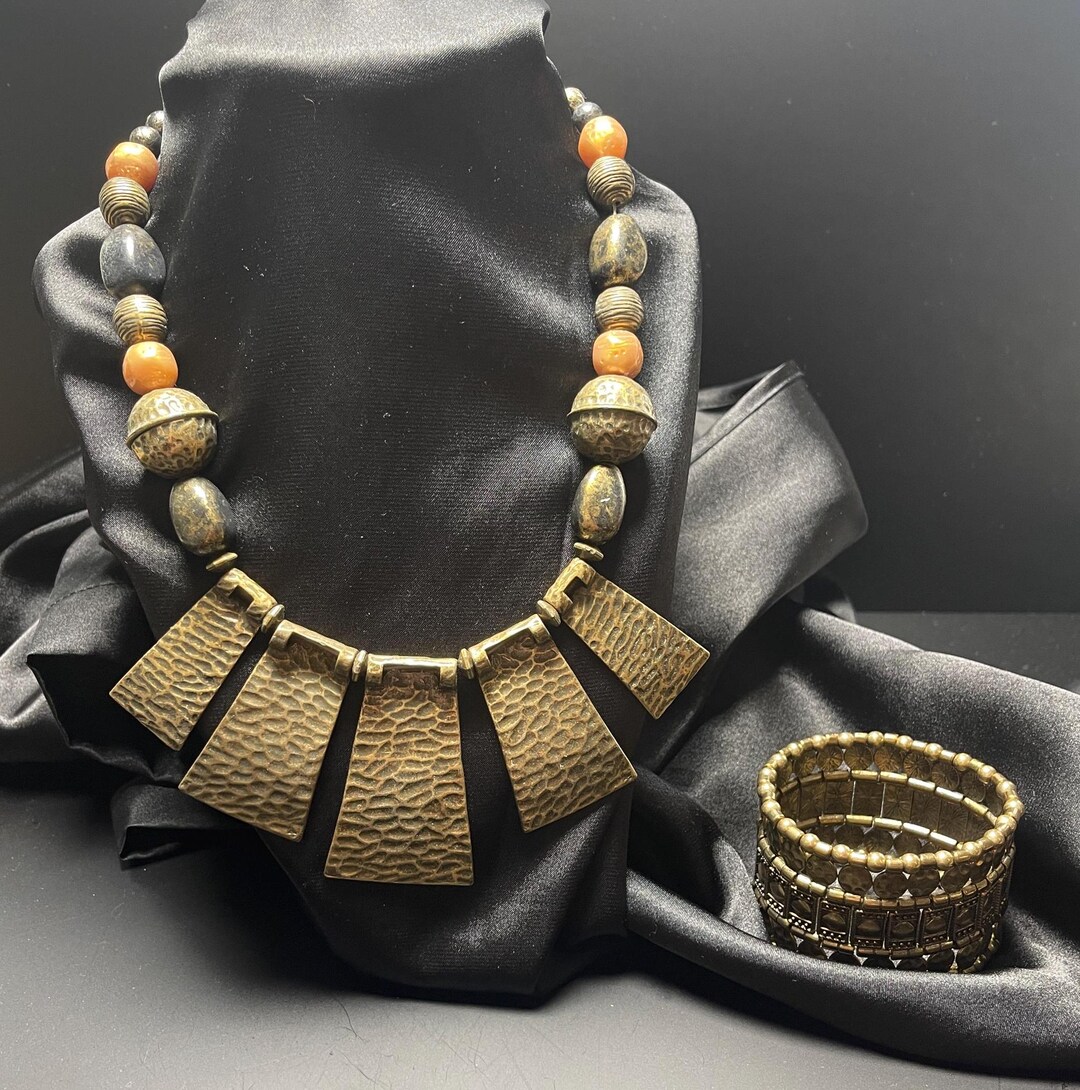 Volm Brass Chunky Bib Necklace and Coordinating Brass Stretch Cuff ...