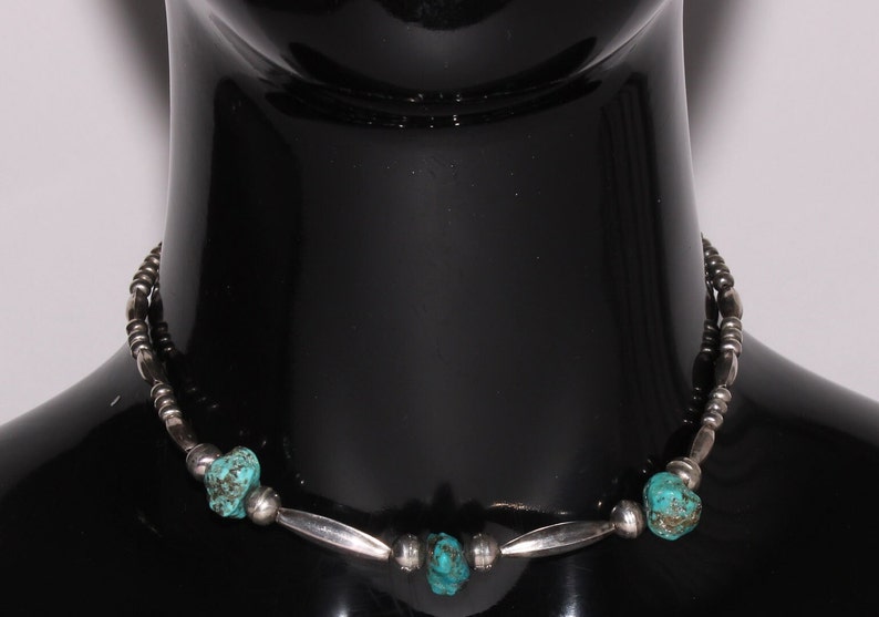 Sterling Silver Bead and Turqouise Chunk Necklace - Etsy