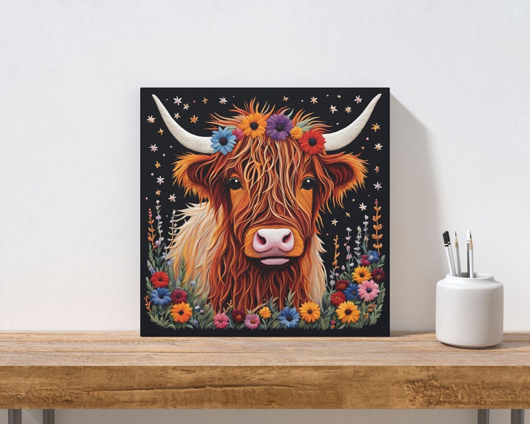 Highland Cow Wall Art Wildflower Crown Cow Celestial Scottish Cow Decor ...
