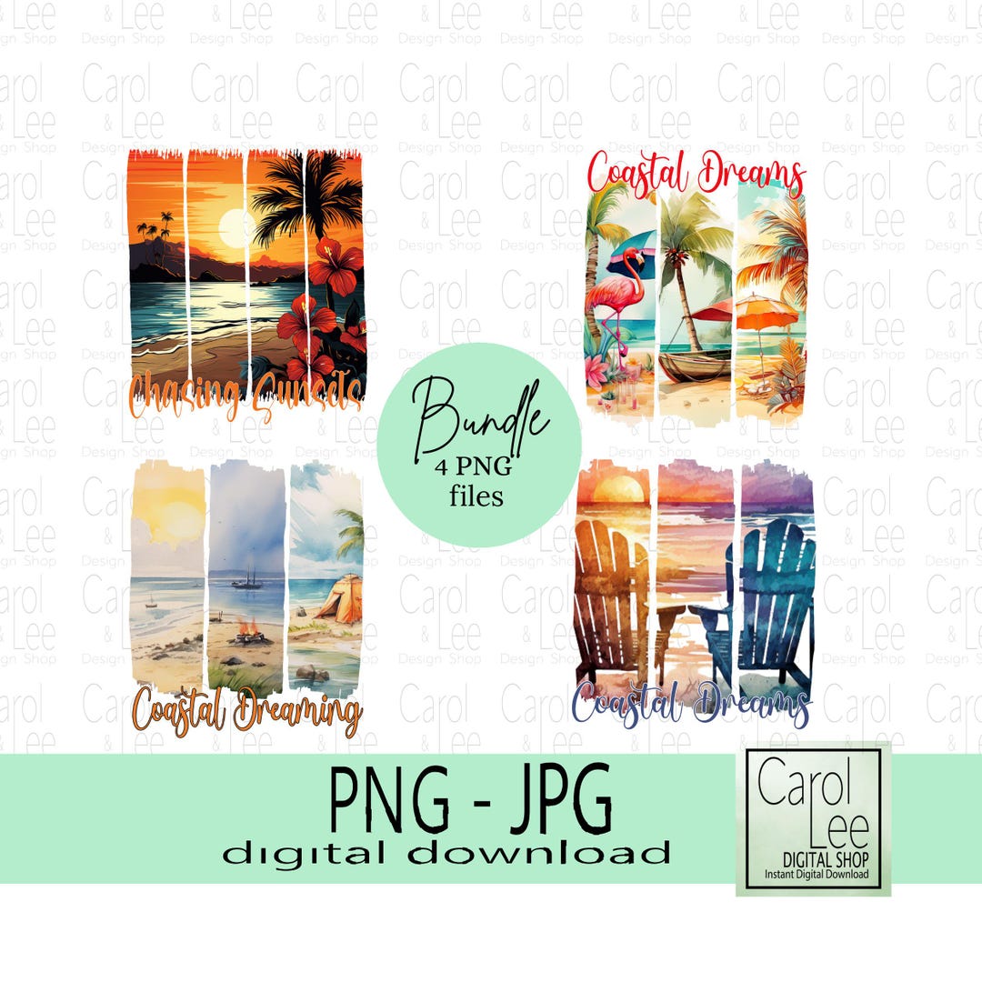 Coastal PNG Designs Bundle of 4, Beach Scenes Sublimation, Brushstroke ...