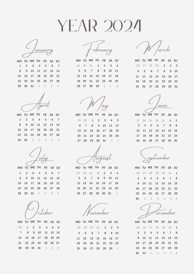 Neutral Yearly Calendar 2024 Printable Starts on Monday - Etsy Australia