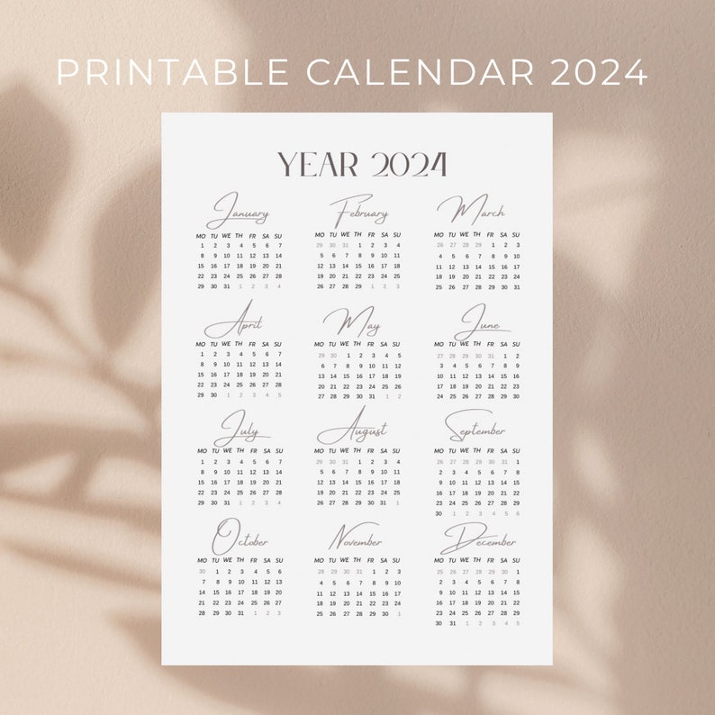 Neutral Yearly Calendar 2024 Printable Starts on Monday - Etsy Australia