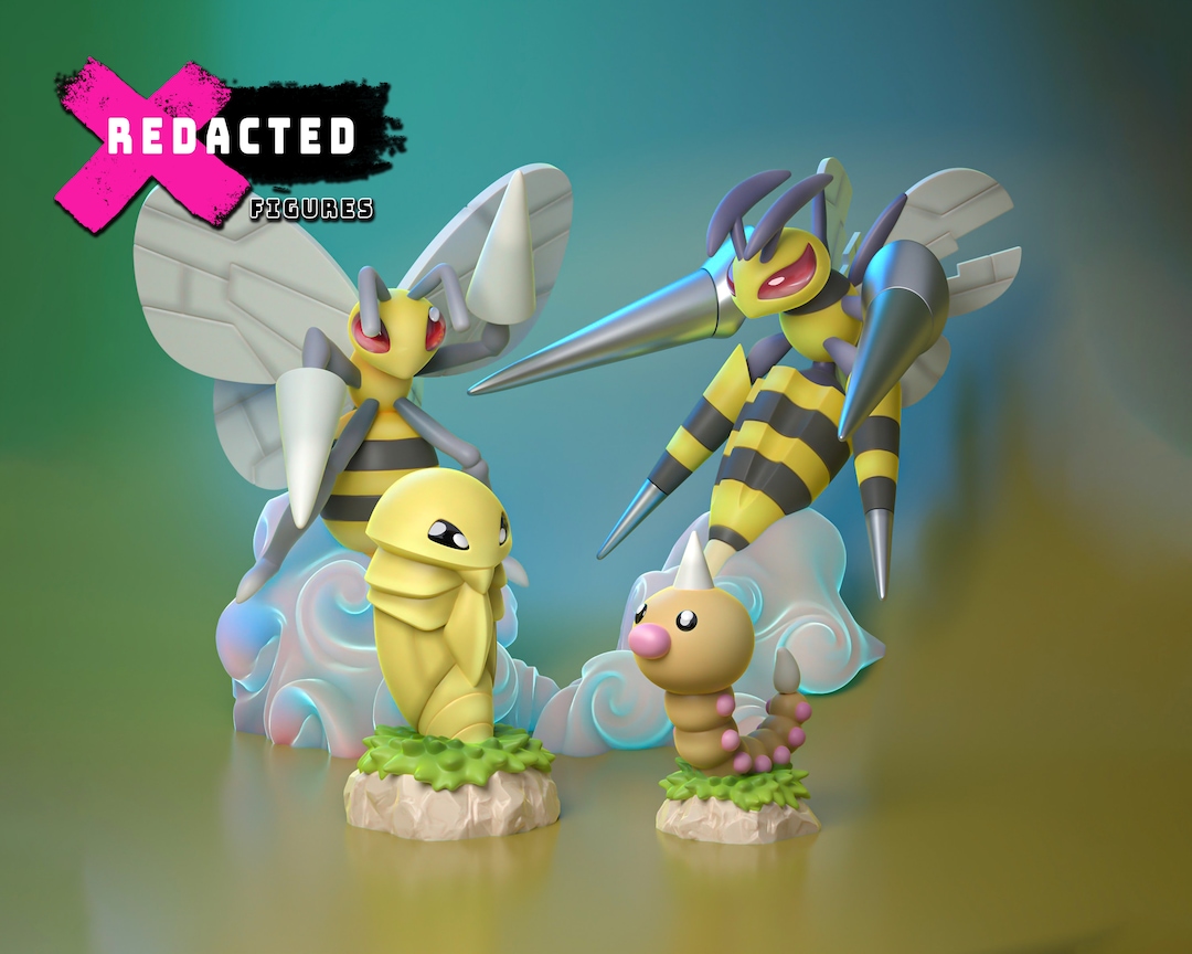 Weedle Evolution Line Weedle Kakuna Beedrill Mega Beedrill 1:20 Scale fan Made UNOFFICIAL 14k ...