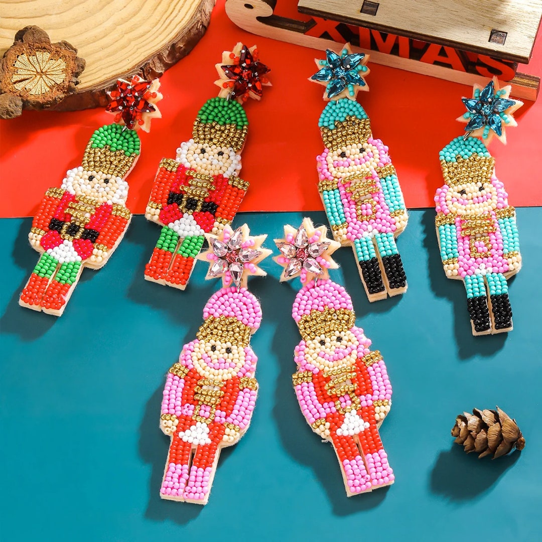 Bohemian Handmade Beaded Nutcracker Earrings, Lovely Christmas Jewelry ...