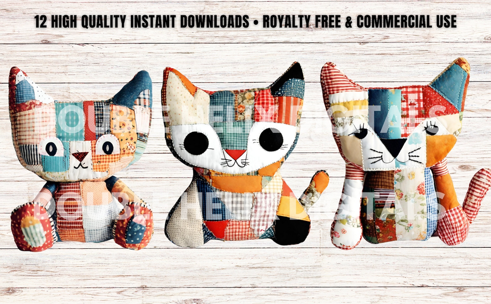 Patchwork Cats Clipart, PNG Digital Downloads, Shabby Chic Vintage ...